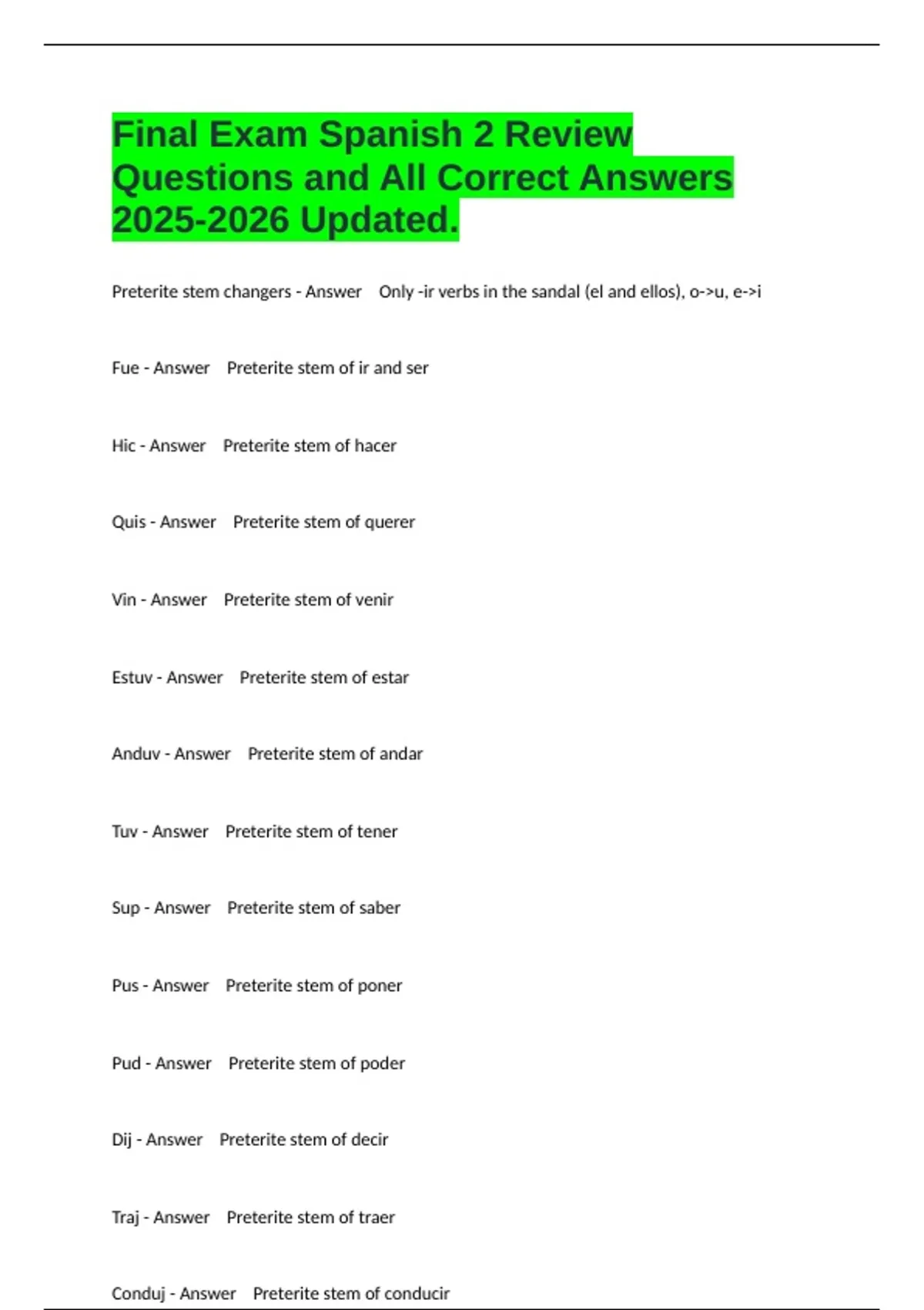 Final Exam Spanish 2 Review Questions and All Correct Answers Updated ...