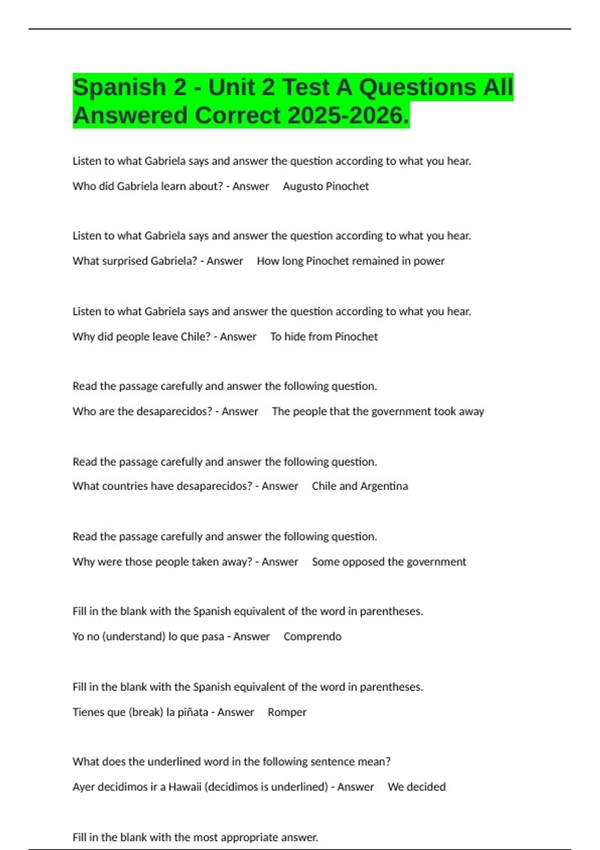 Spanish 2 - Unit 2 Test A Questions All Answered Correct . - Elementary ...