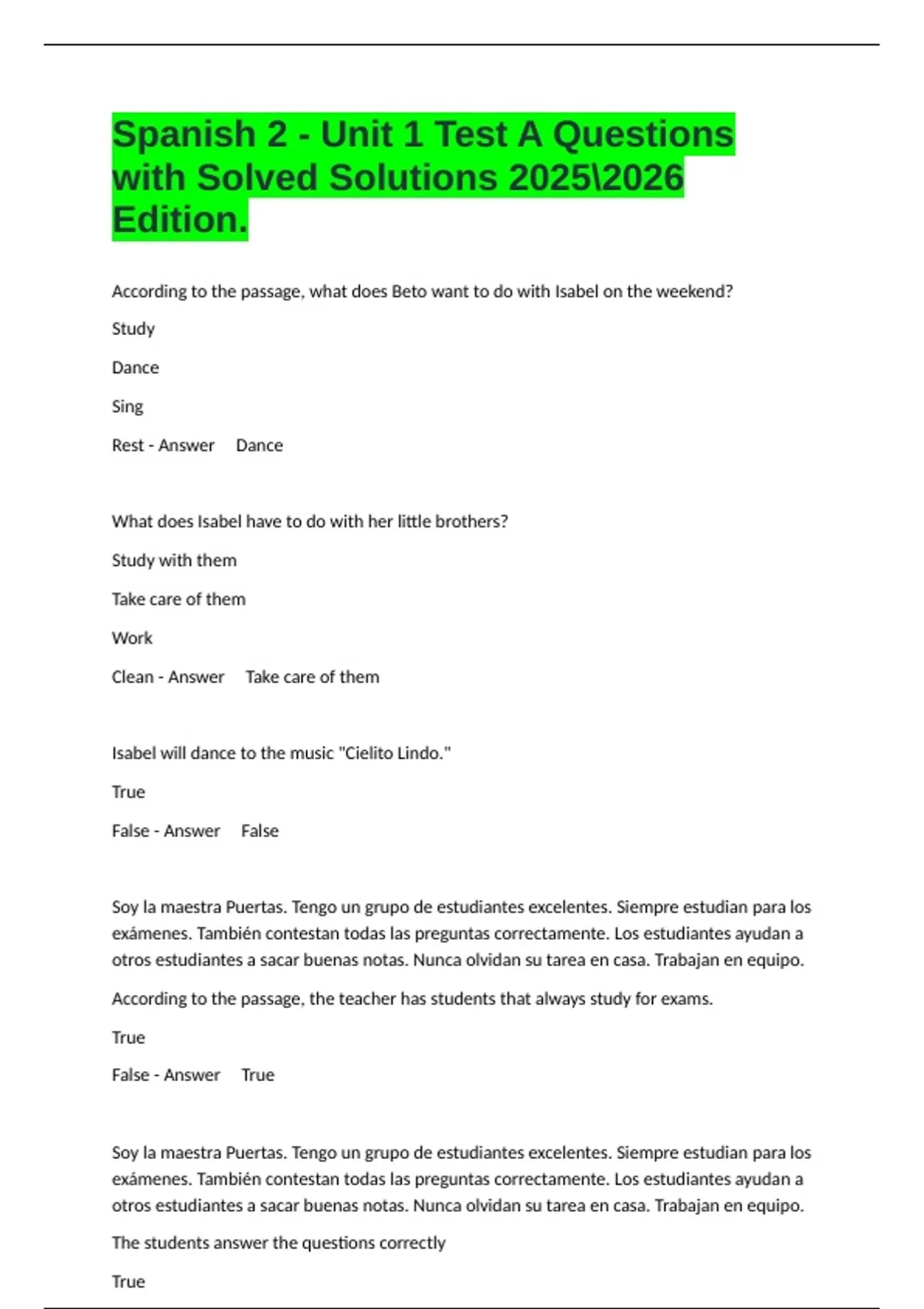 Spanish 2 - Unit 1 Test A Questions with Solved Solutions Edition ...