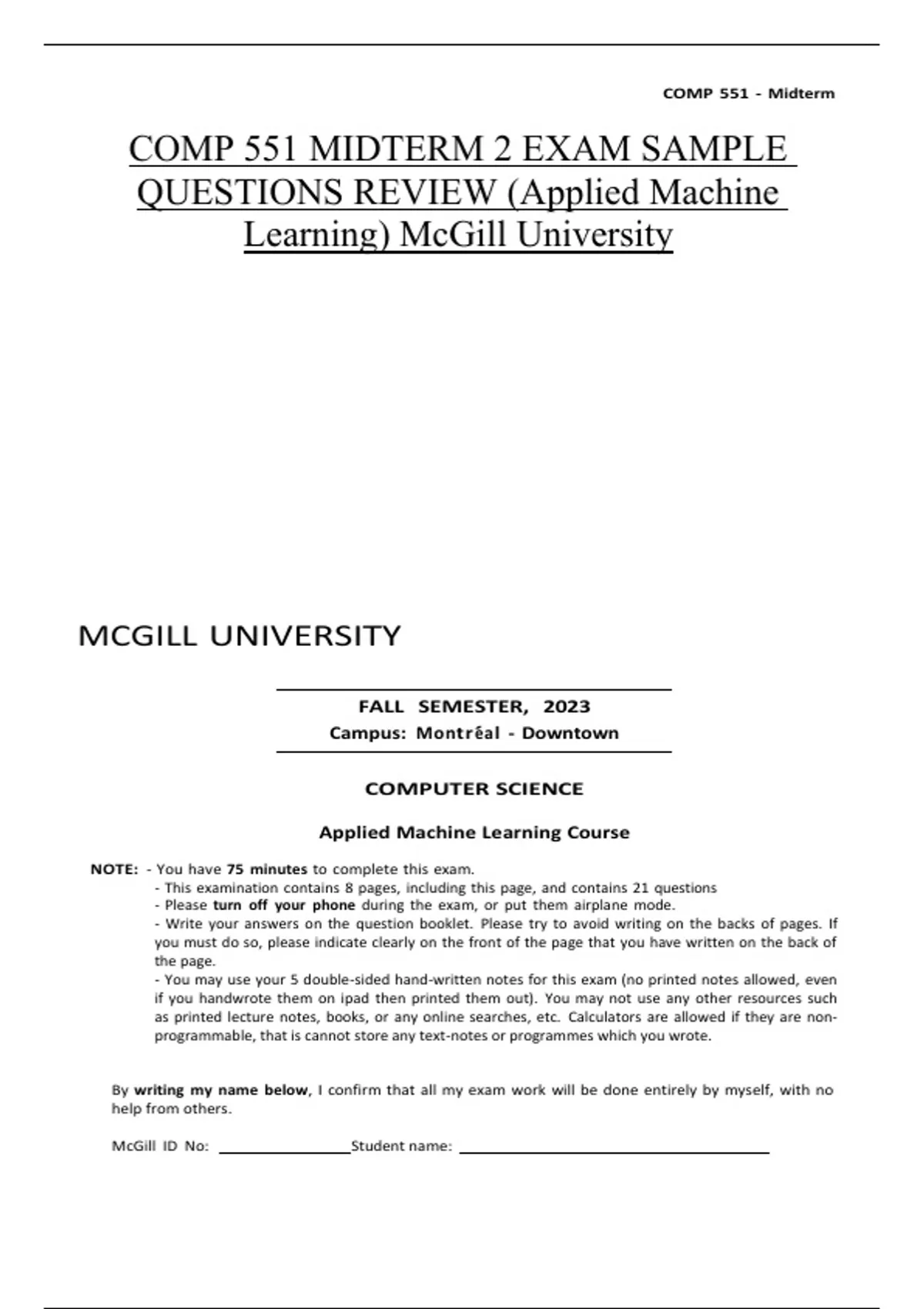 COMP 551 MIDTERM 2 EXAM SAMPLE QUESTIONS REVIEW (Applied Machine Learning) McGill University ...