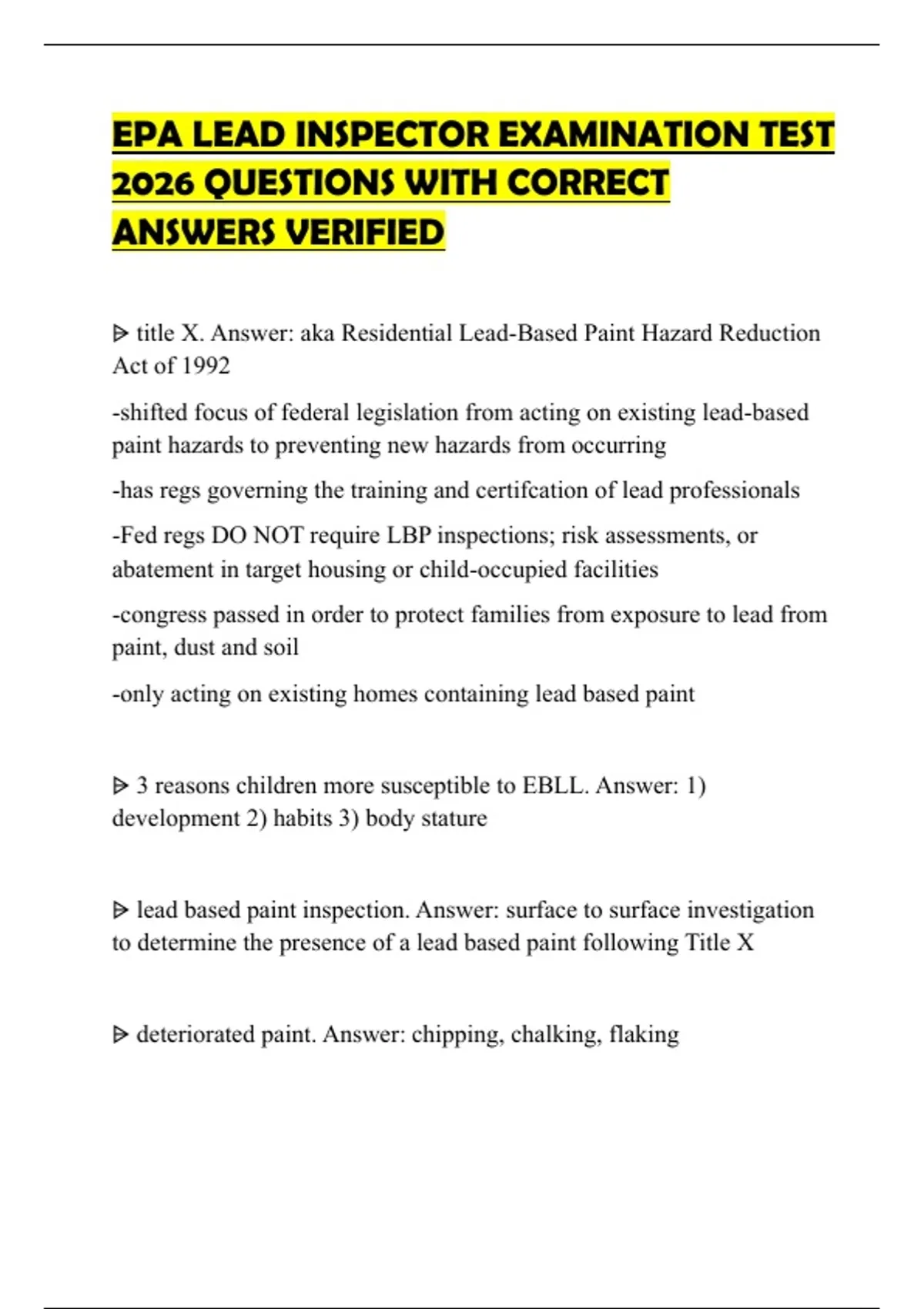 EPA LEAD INSPECTOR EXAMINATION TEST 2026 QUESTIONS WITH CORRECT ANSWERS ...