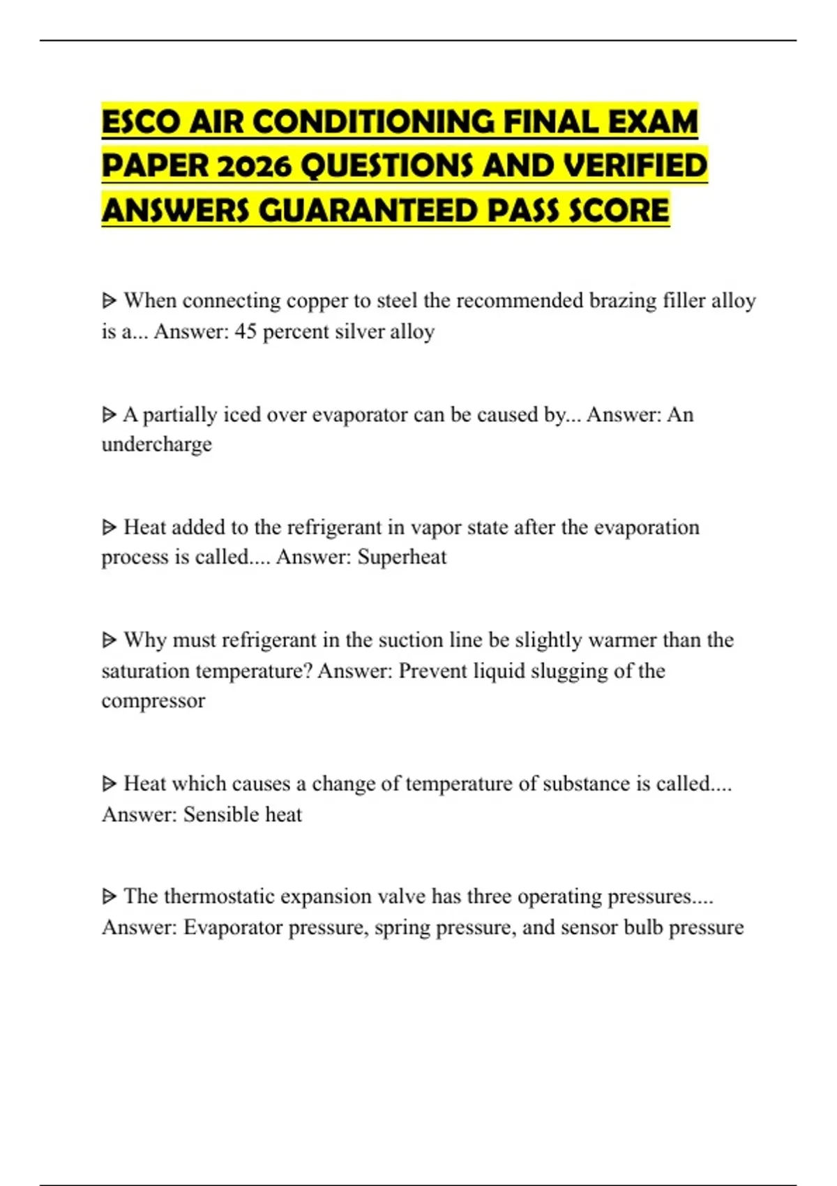 ESCO AIR CONDITIONING FINAL EXAM PAPER 2026 QUESTIONS AND VERIFIED ...
