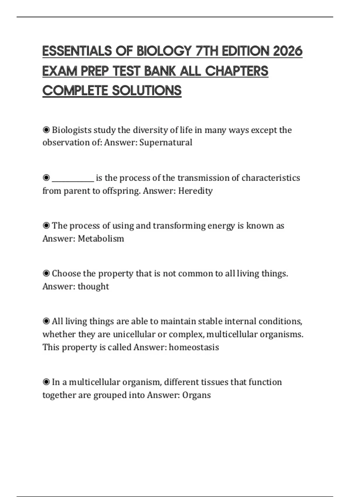 ESSENTIALS OF BIOLOGY 7TH EDITION 2026 EXAM PREP TEST BANK ALL CHAPTERS ...