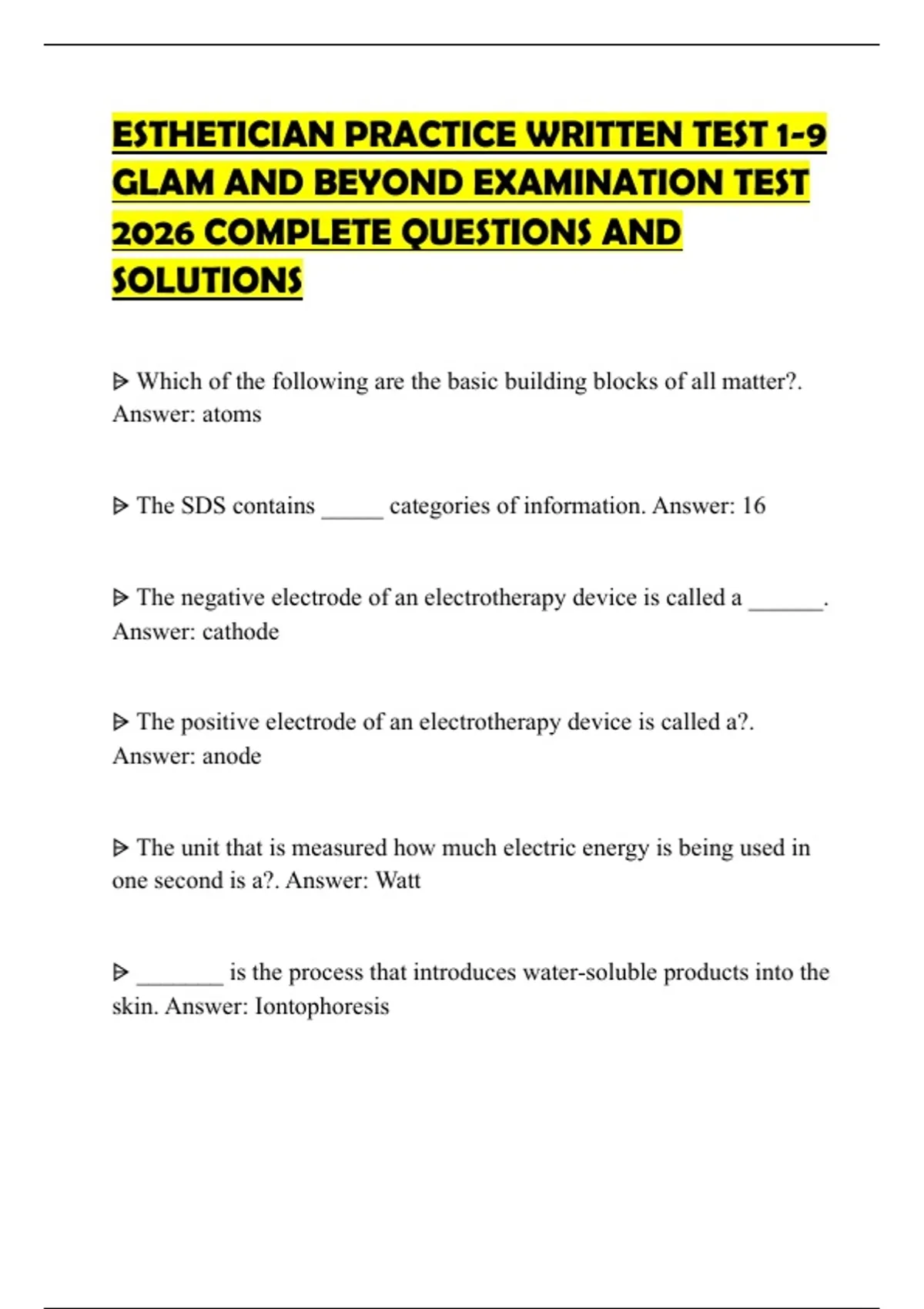 ESTHETICIAN PRACTICE WRITTEN TEST 1-9 GLAM AND BEYOND EXAMINATION TEST ...