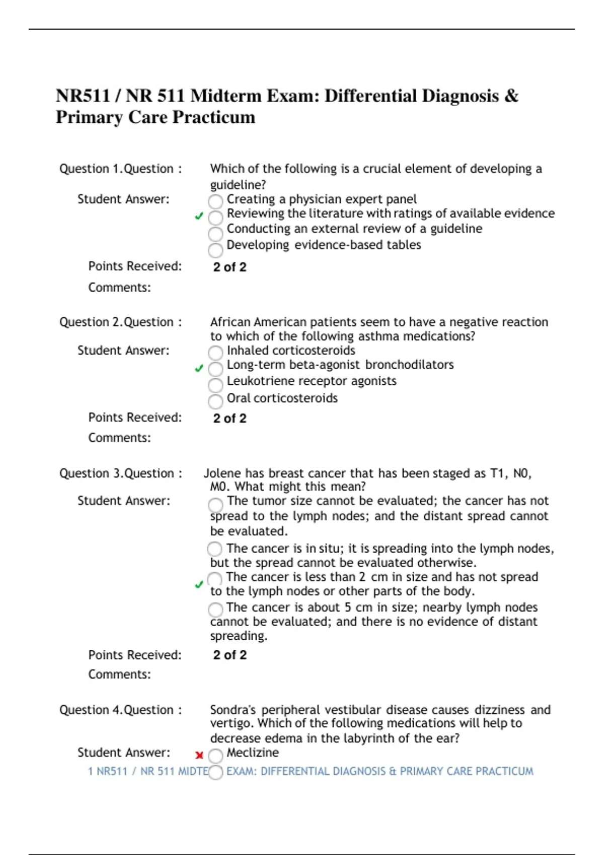 NR511 Midterm Exam Differential Diagnosis and Primary Care Practicum Full Practice Questions ...