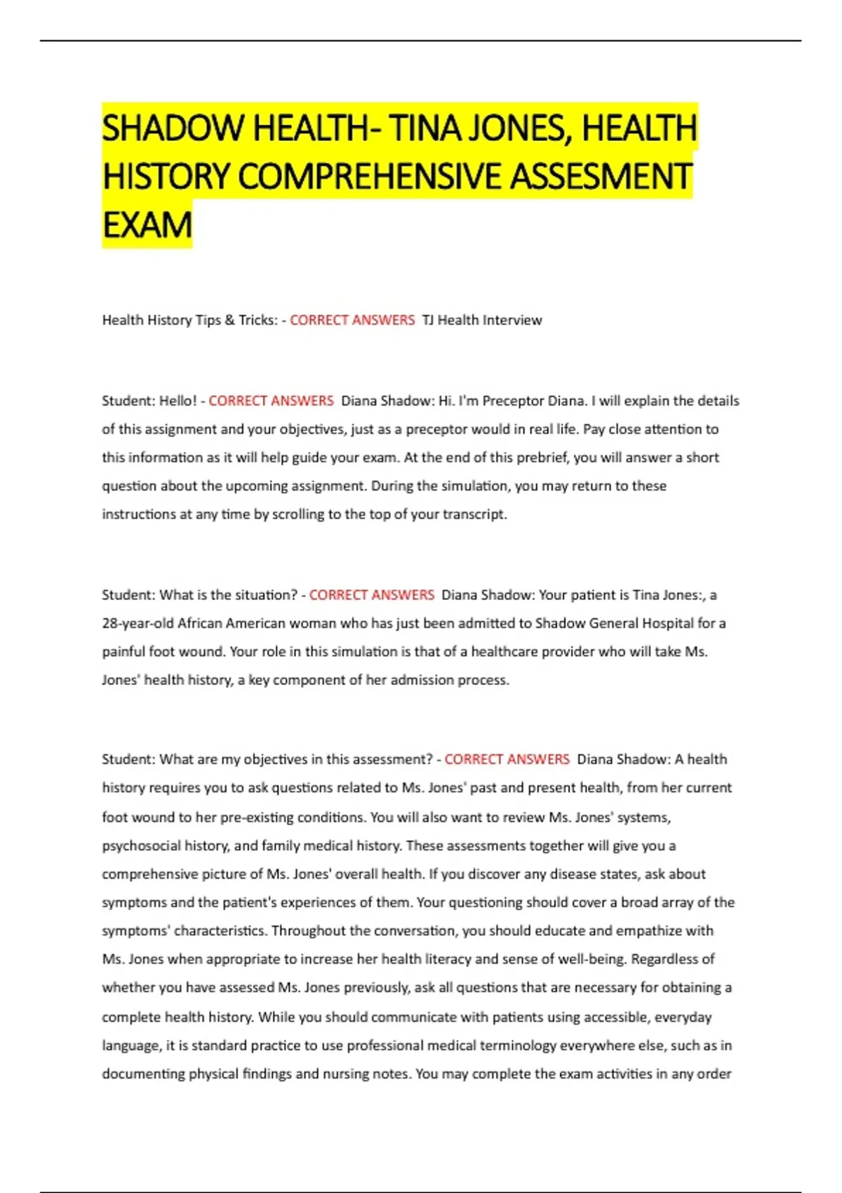 Shadow Health Tina Jones | Comprehensive Health History Assessment Guide & Answers 2025/2026 ...