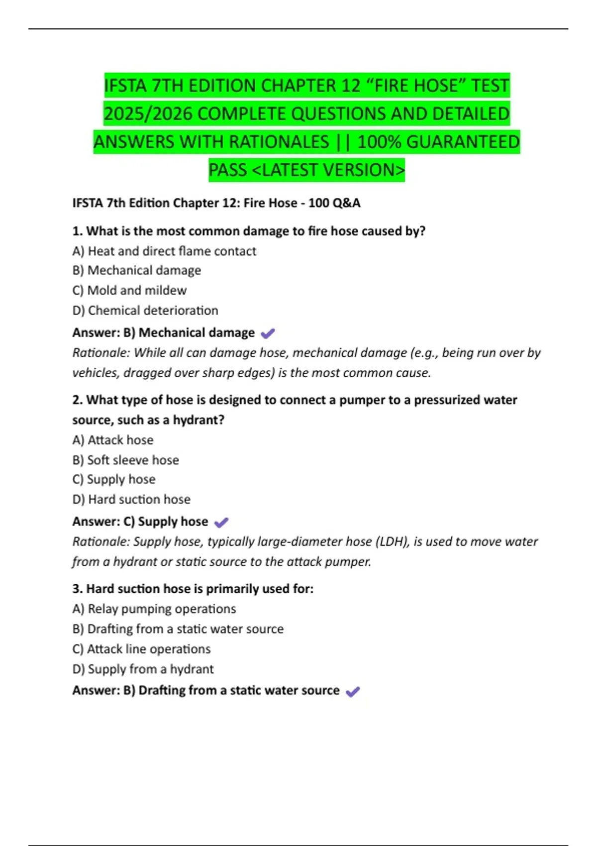 IFSTA 7TH EDITION CHAPTER 12 “FIRE HOSE” TEST 2025/2026 COMPLETE ...