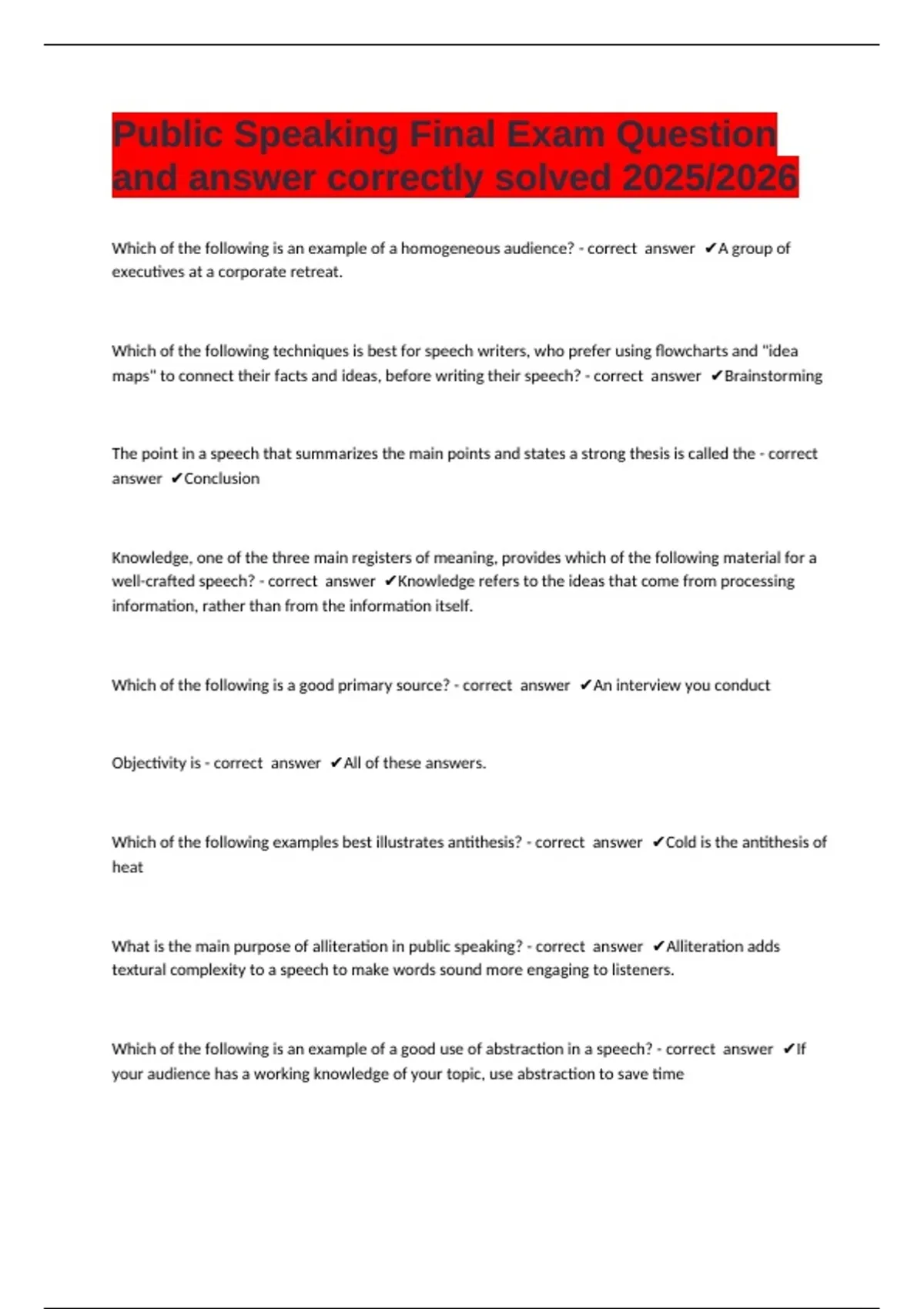 Public Speaking Final Exam Question and answer correctly solved 2025/ ...