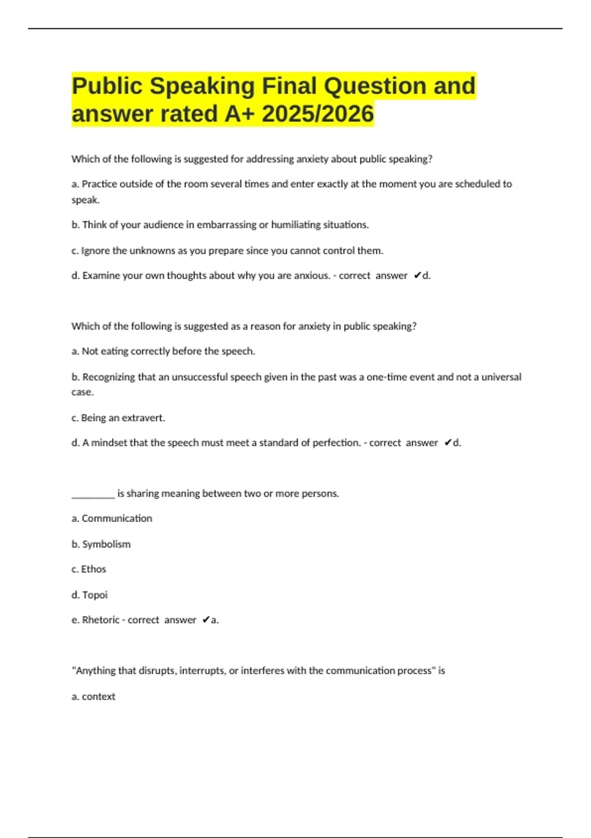 Public Speaking Final Question and answer rated A+ 2025/2026 - Public ...