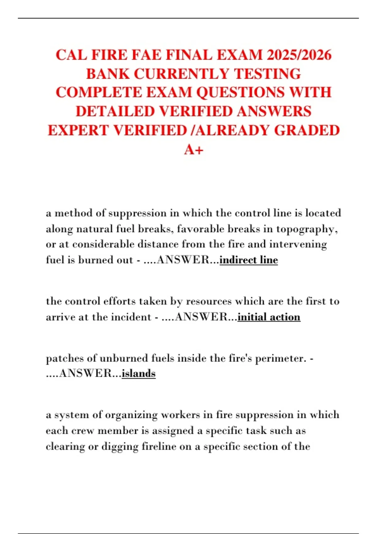 CAL FIRE FAE FINAL EXAM 2025/2026 BANK CURRENTLY TESTING COMPLETE EXAM ...
