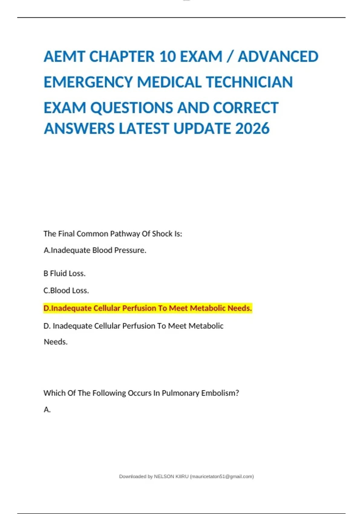 AEMT Chapter 10 Exam Advanced – Emergency Medical Technician Exam ...