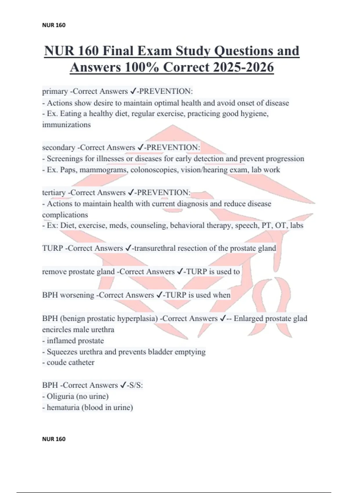 NUR 160 Final Exam Study Questions and Answers 100% Correct - Nur 160 ...
