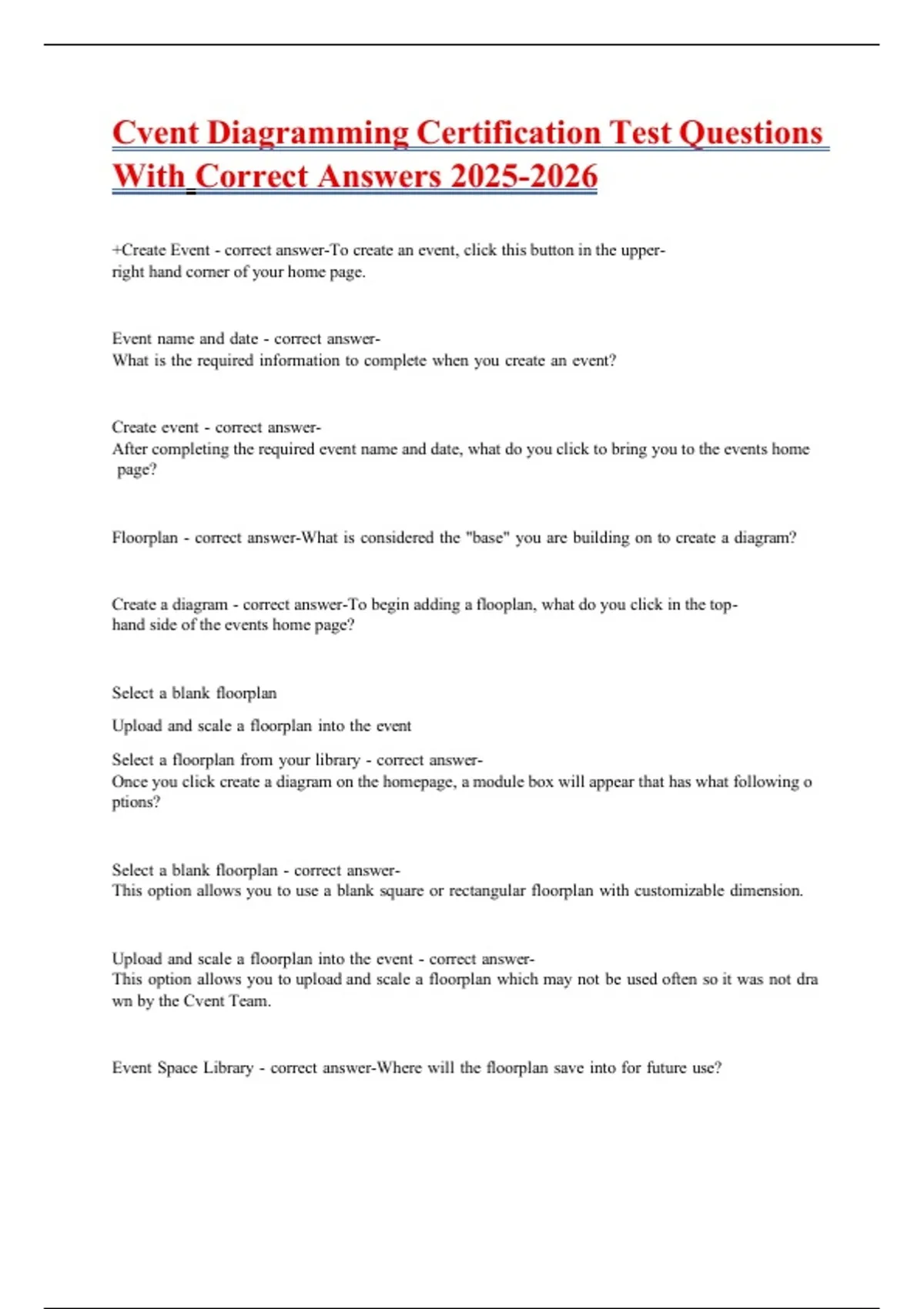 Cvent Diagramming Certification Test Questions With Correct Answers ...