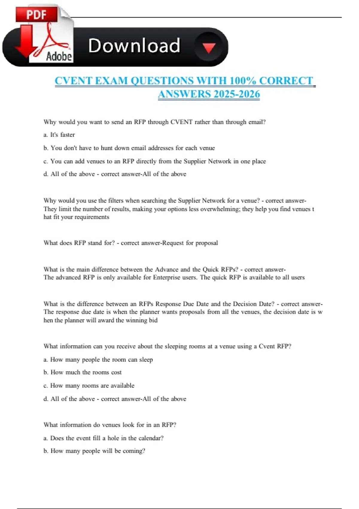CVENT EXAM QUESTIONS WITH 100% CORRECT ANSWERS - CVENT - Stuvia US