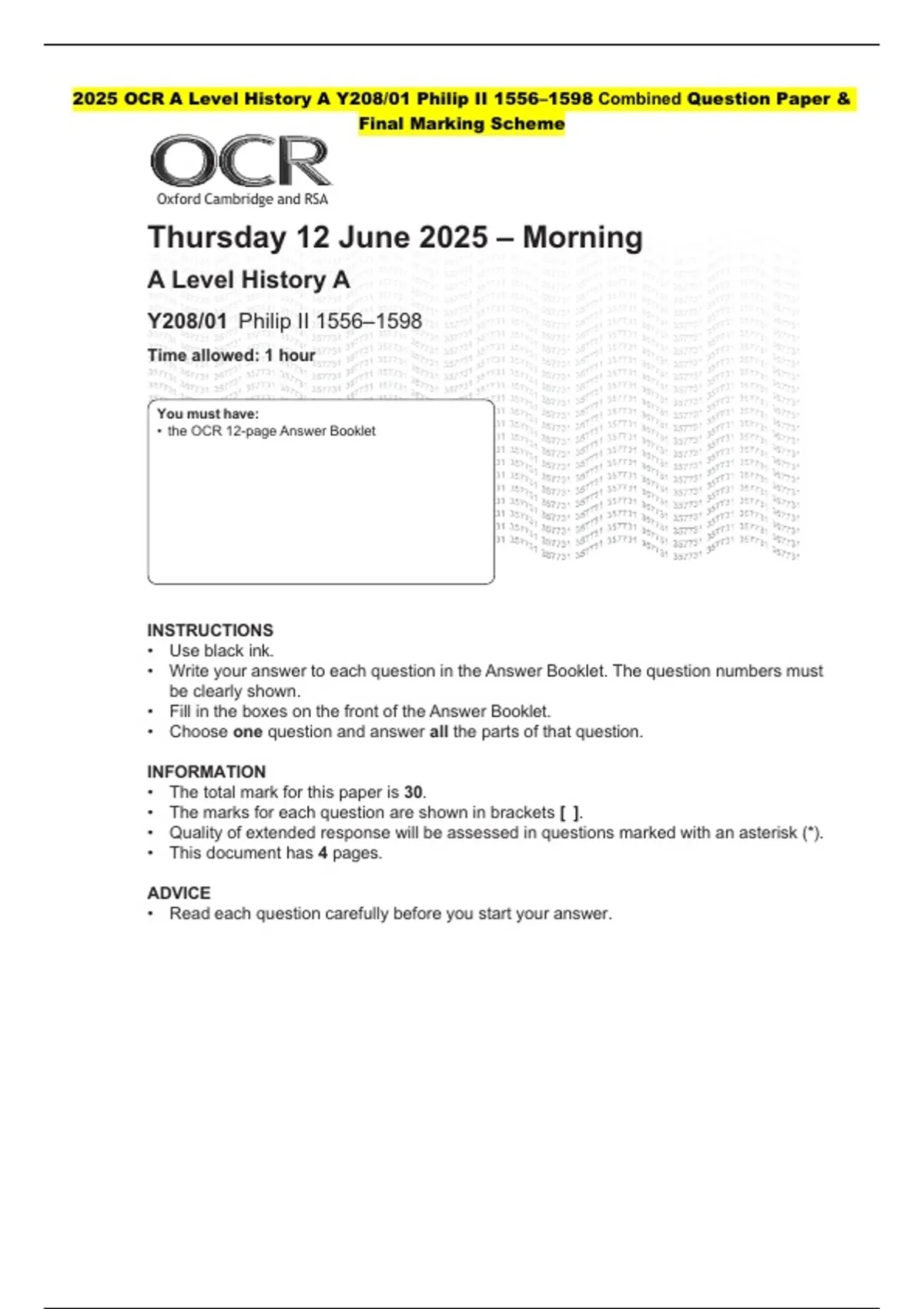 2025 OCR A Level History A Y208/01 Philip II 1556–1598 Combined ...