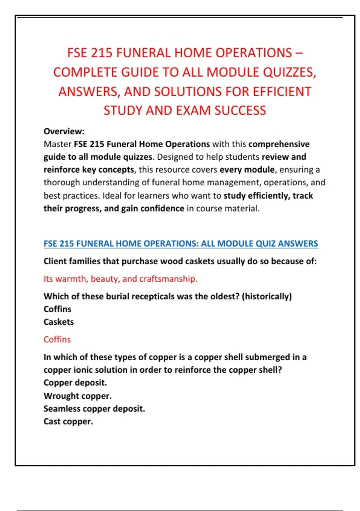 FSE 215 FUNERAL HOME OPERATIONS – COMPLETE GUIDE TO ALL MODULE QUIZZES ...