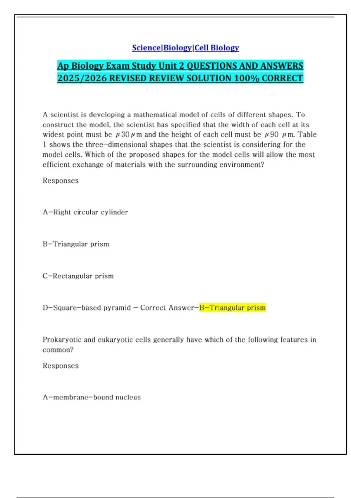 Ap Biology Exam Study Unit 2 QUESTIONS AND ANSWERS 2025/2026 REVISED ...