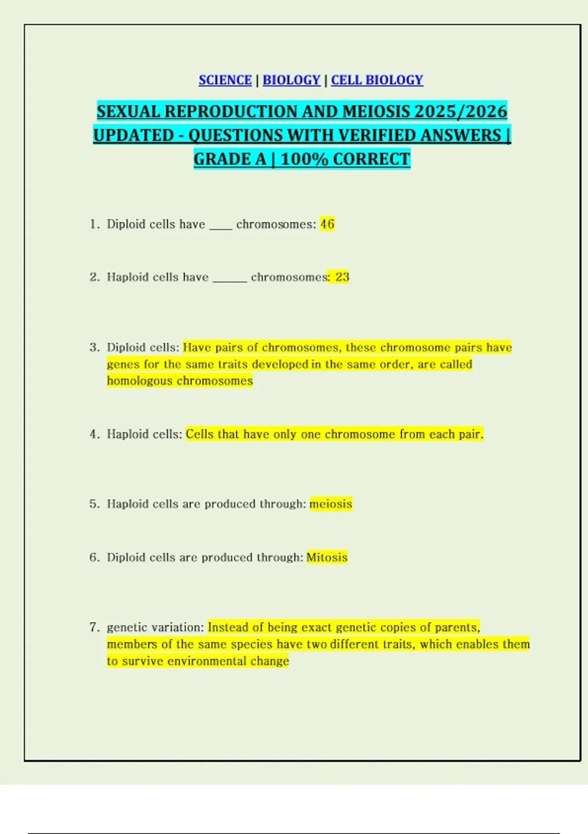 SEXUAL REPRODUCTION AND MEIOSIS 2025/2026 UPDATED - QUESTIONS WITH ...