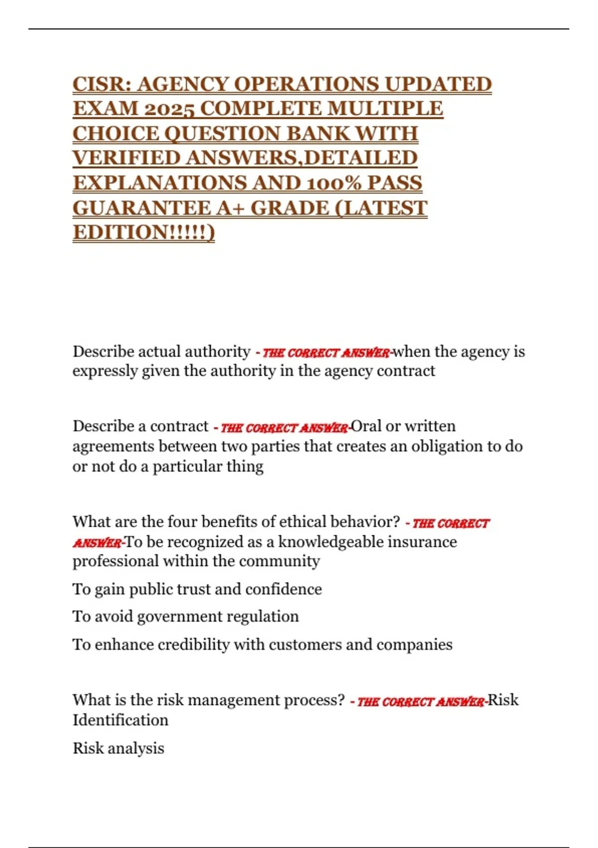 CISR: AGENCY OPERATIONS UPDATED EXAM 2025 COMPLETE MULTIPLE CHOICE ...