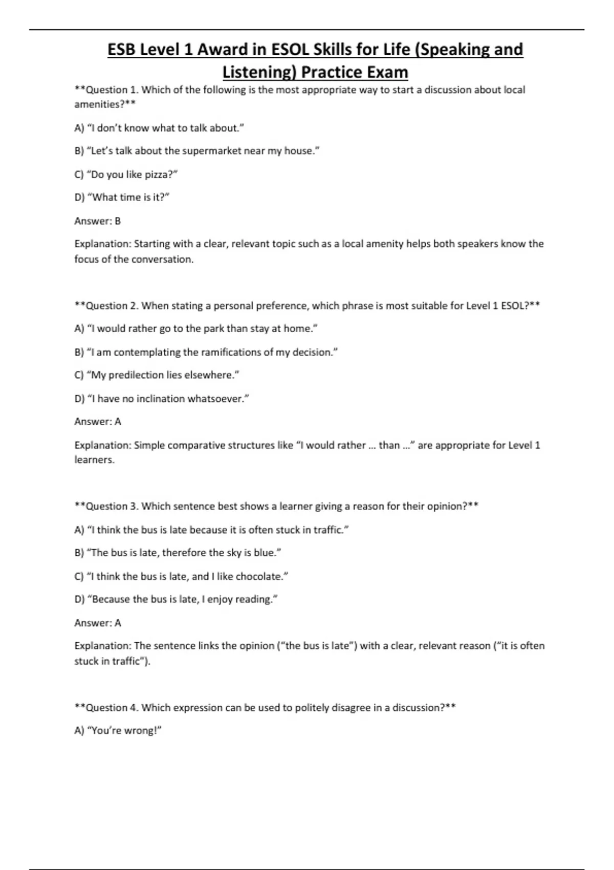 ESB Level 1 Award in ESOL Skills for Life (Speaking and Listening ...