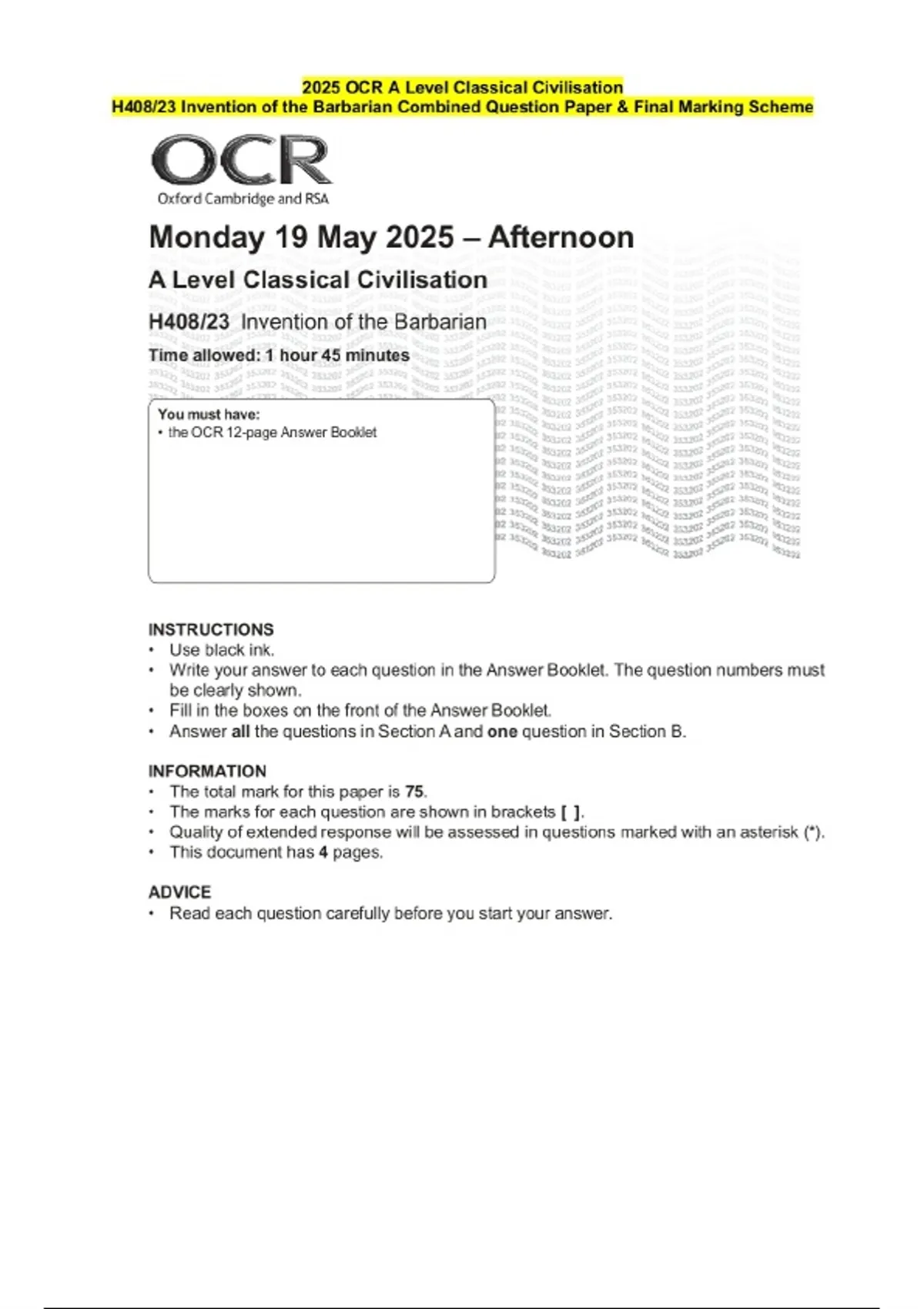 2025 OCR A Level Classical Civilisation H408/23 Invention of the ...