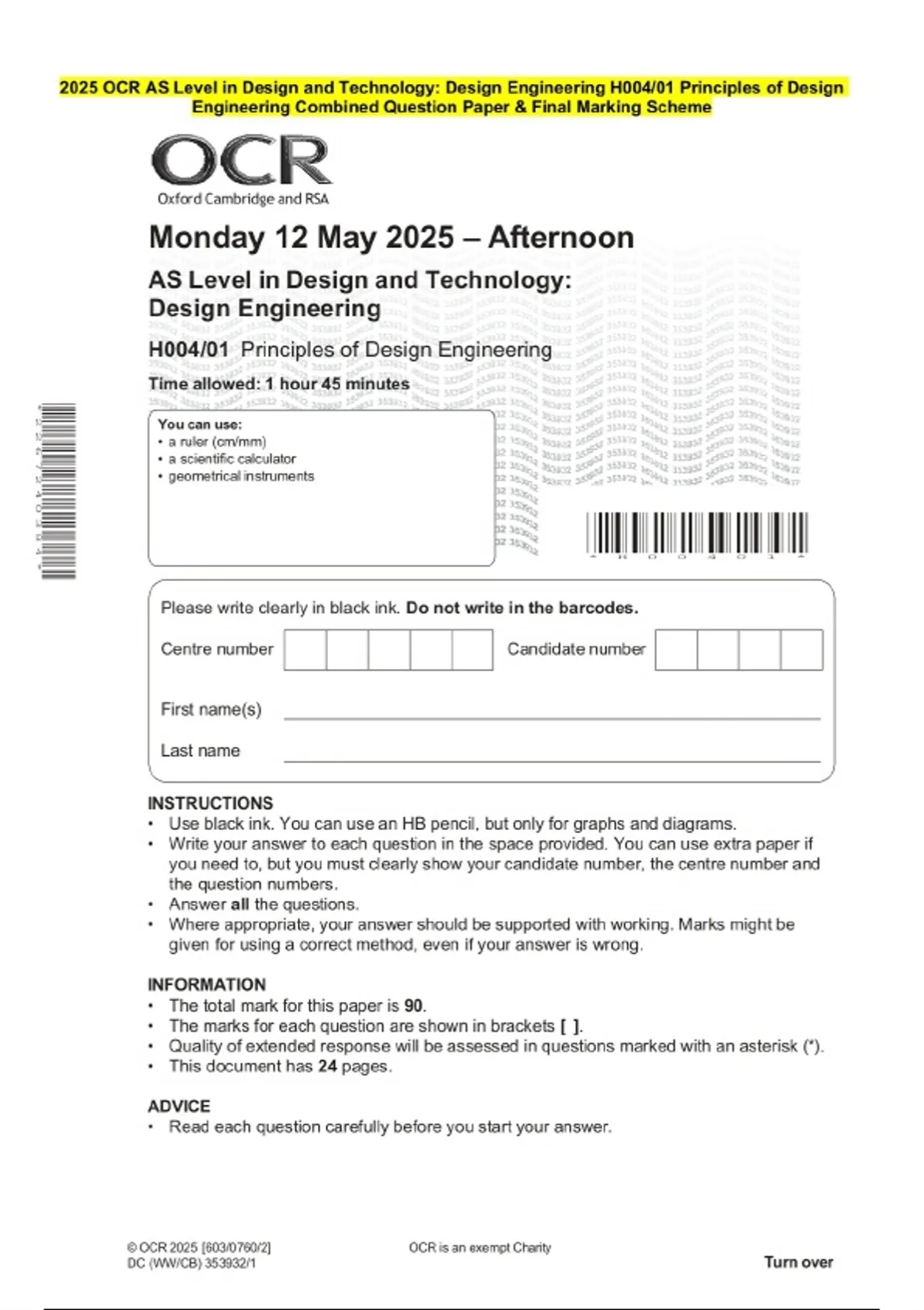 2025 OCR AS Level in Design and Technology: Design Engineering H004/01 ...