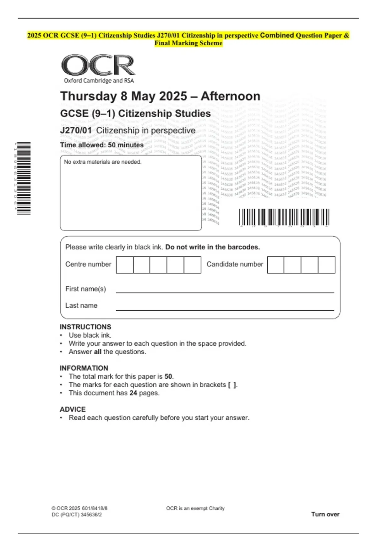 PACKAGE-::2025 OCR GCSE (9–1) Citizenship Studies PAPER 1- 3 | Question ...