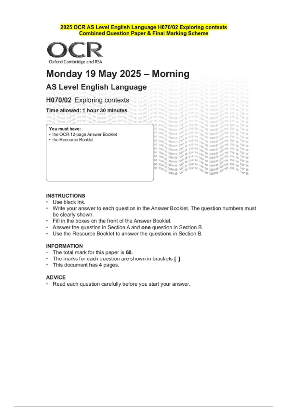 2025 OCR AS Level English Language H070/02 Exploring contexts Combined ...