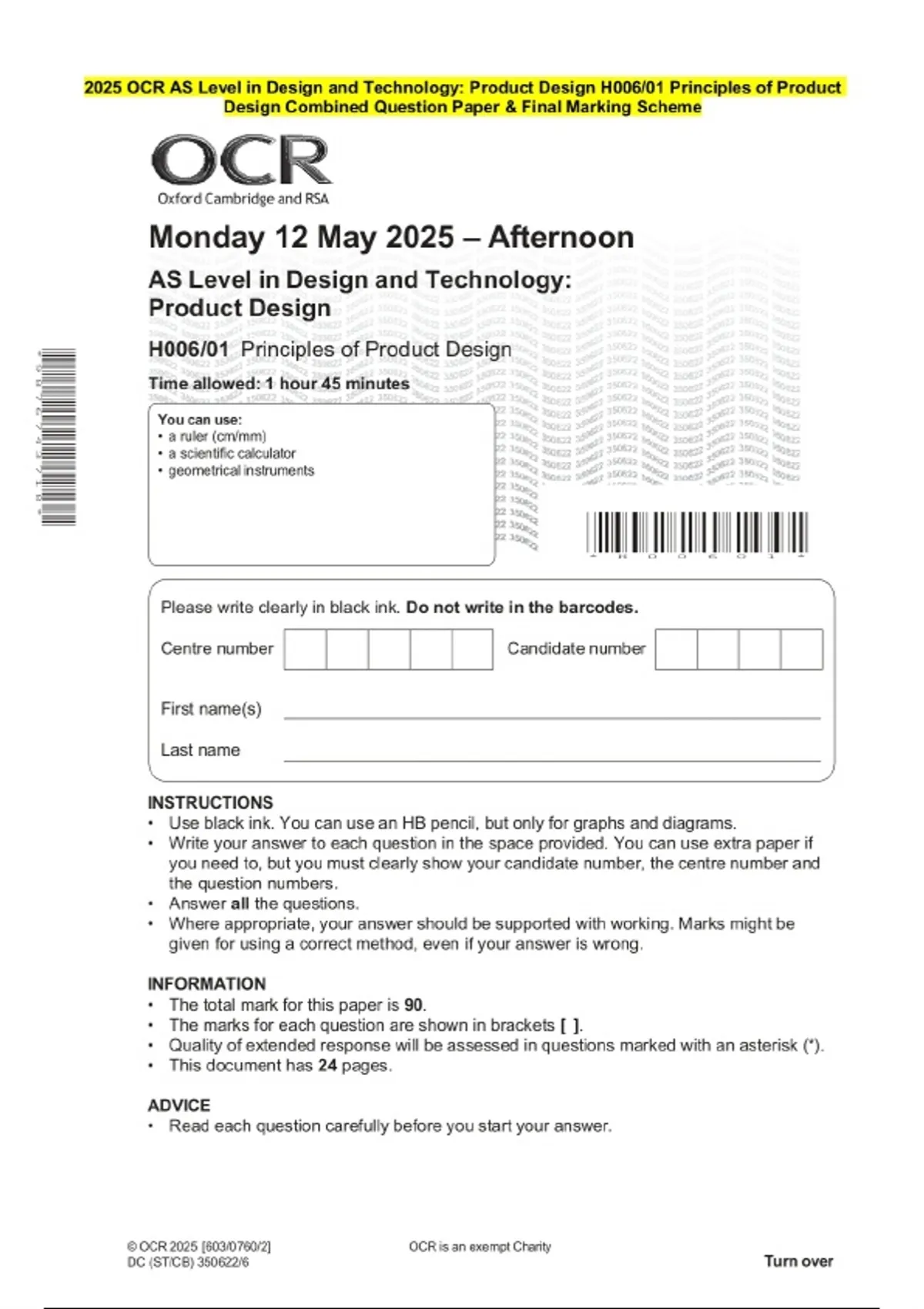 2025 OCR AS Level in Design and Technology: Product Design H006/01 Principles of Product Design ...
