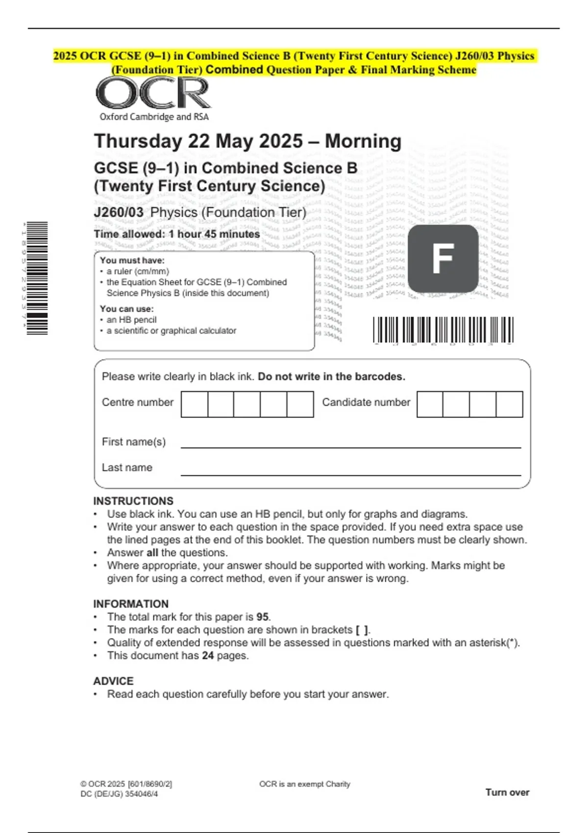 2025 OCR GCSE (9–1) in Combined Science B (Twenty First Century Science) J260/03 Physics ...