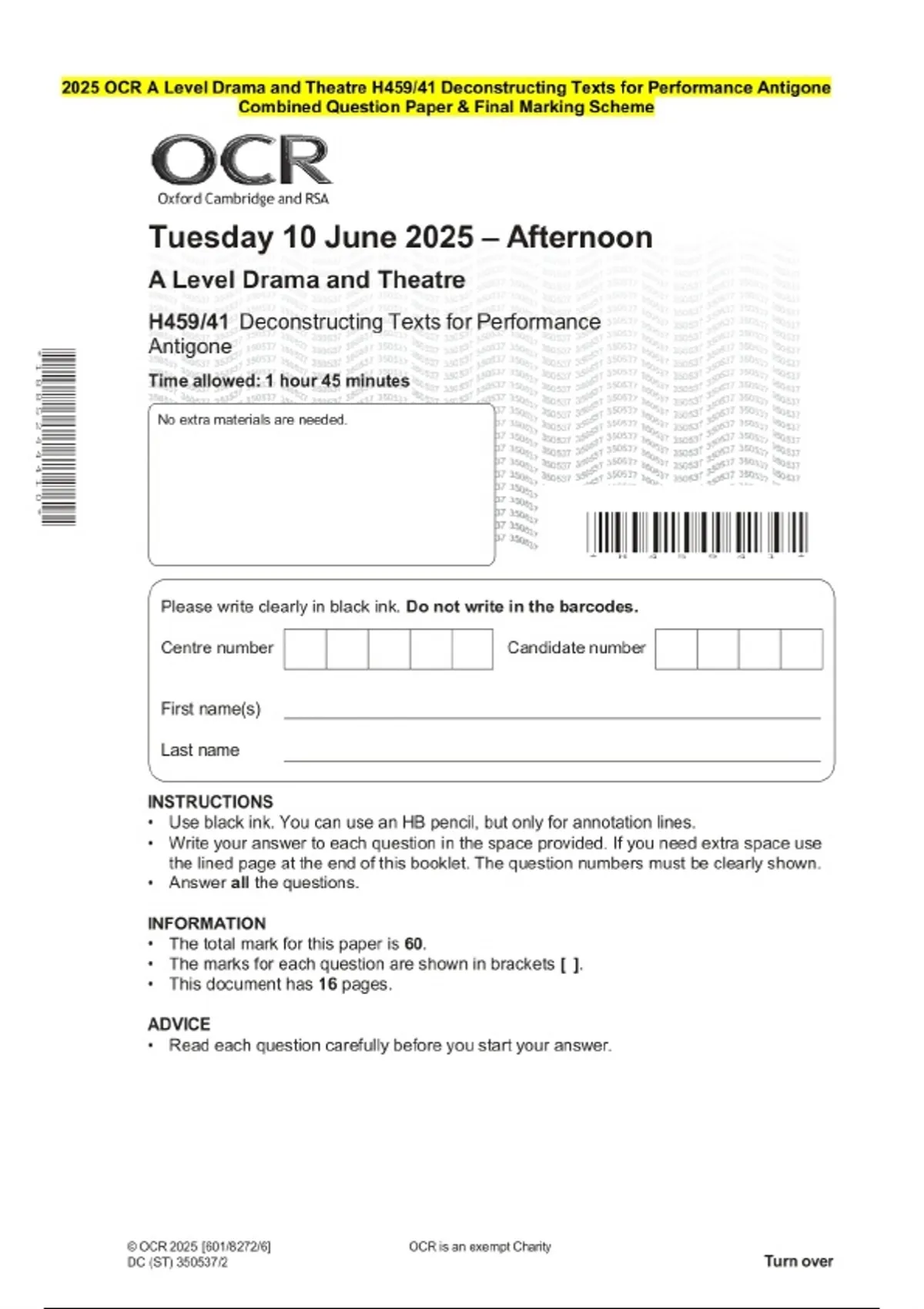 2025 OCR A Level Drama and Theatre H459/41 Deconstructing Texts for Performance Antigone ...