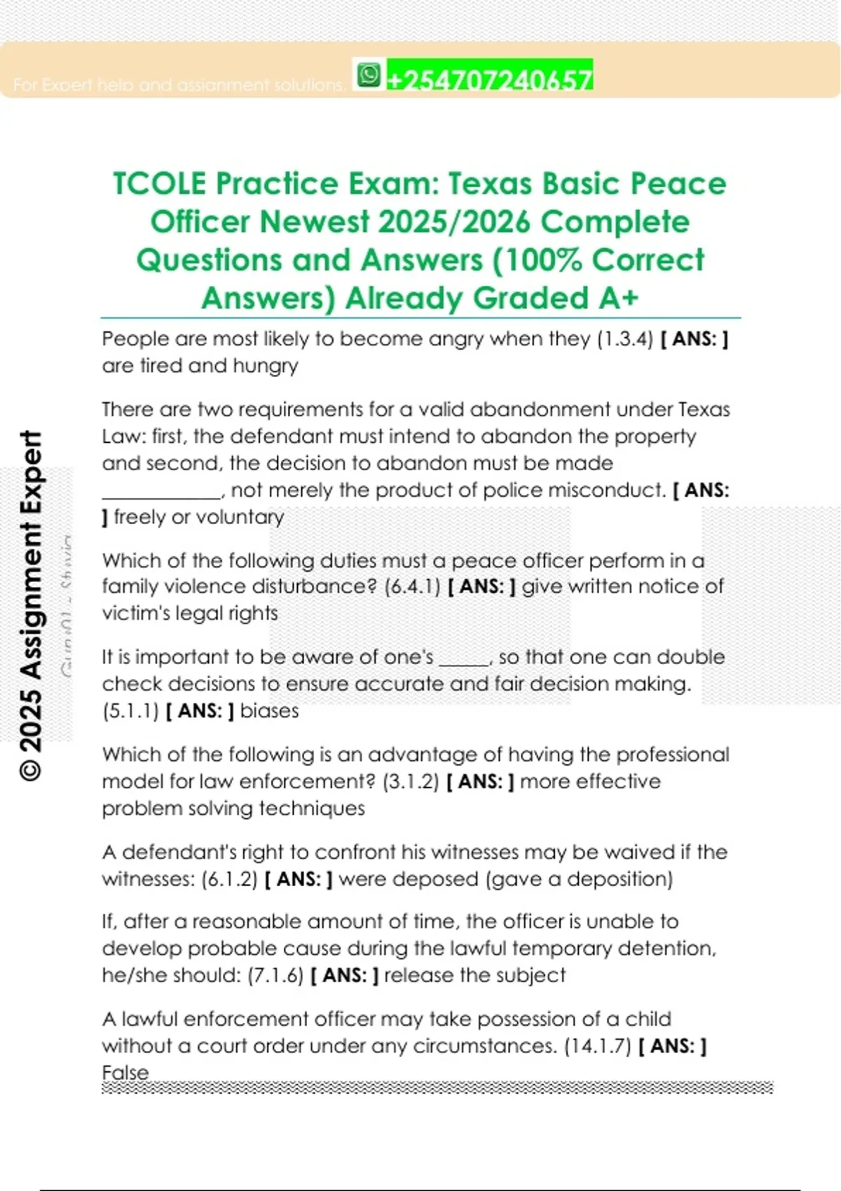 TCOLE Practice Exam: Texas Basic Peace Officer Newest 2025/2026 ...