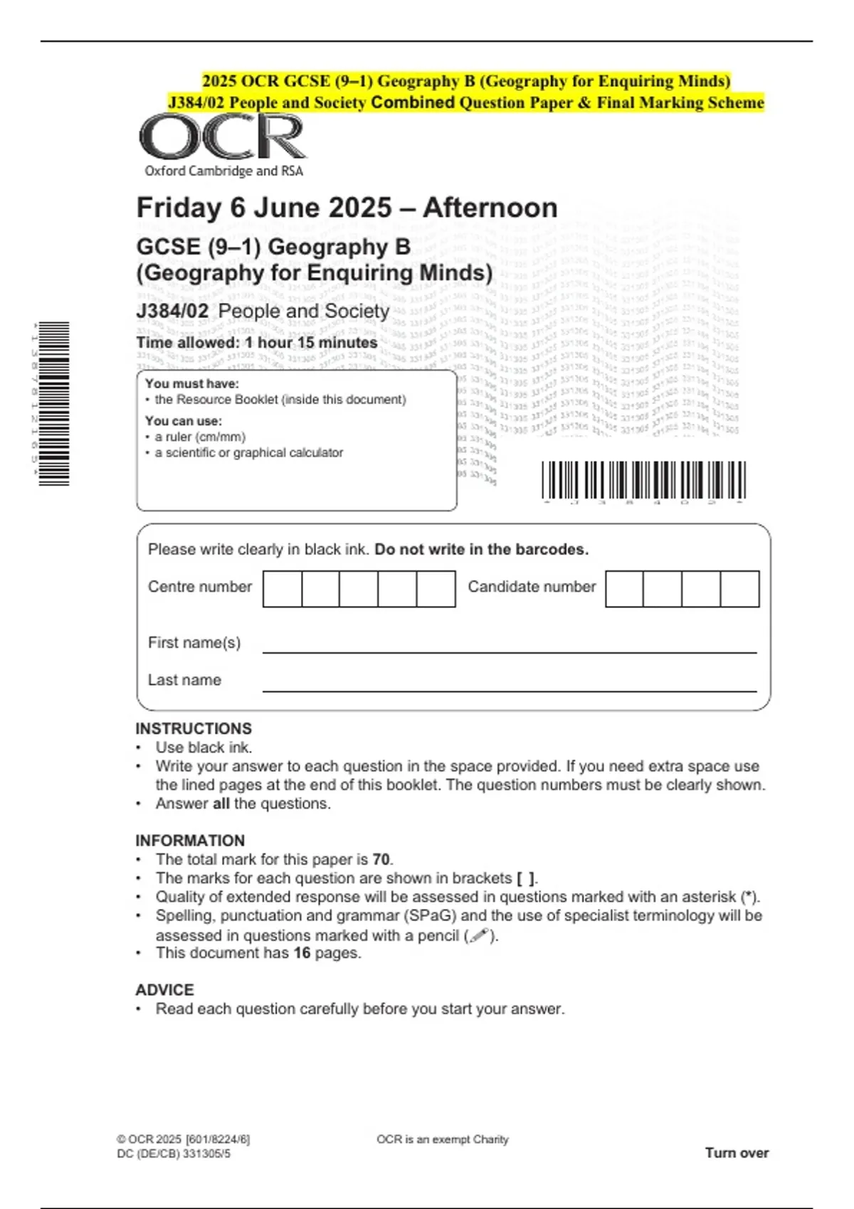 2025 OCR GCSE (9–1) Geography B (Geography for Enquiring Minds) J384/02 ...