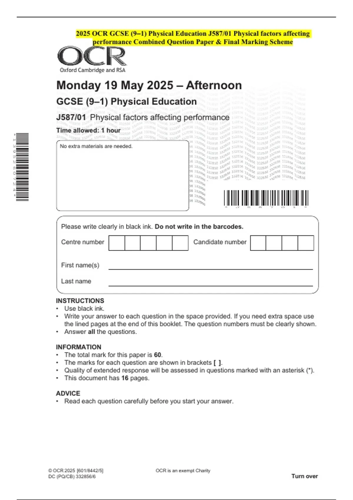 BUNDLE-::2025 OCR GCSE (9–1) Physical Education Exams| Paper 1 & 2 Question Paper with Complete ...