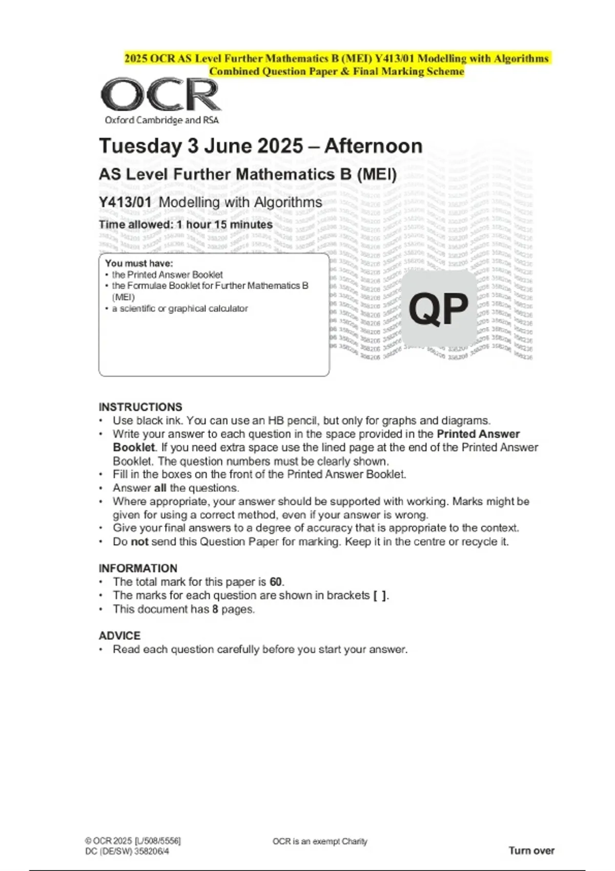 2025 OCR AS Level Further Mathematics B (MEI) Y413/01 Modelling with ...