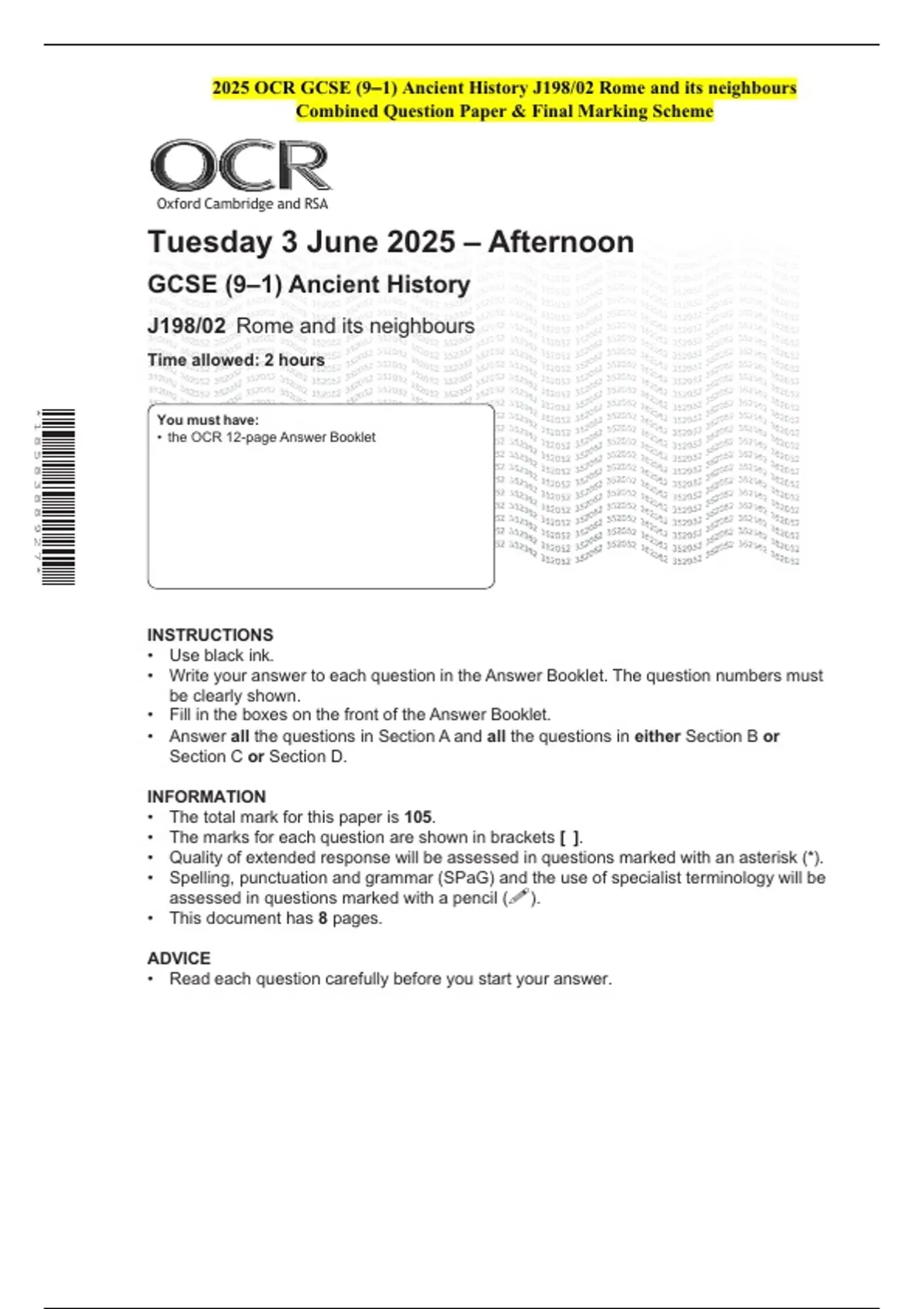 2025 OCR GCSE (9–1) Ancient History J198/02 Rome and its neighbours ...