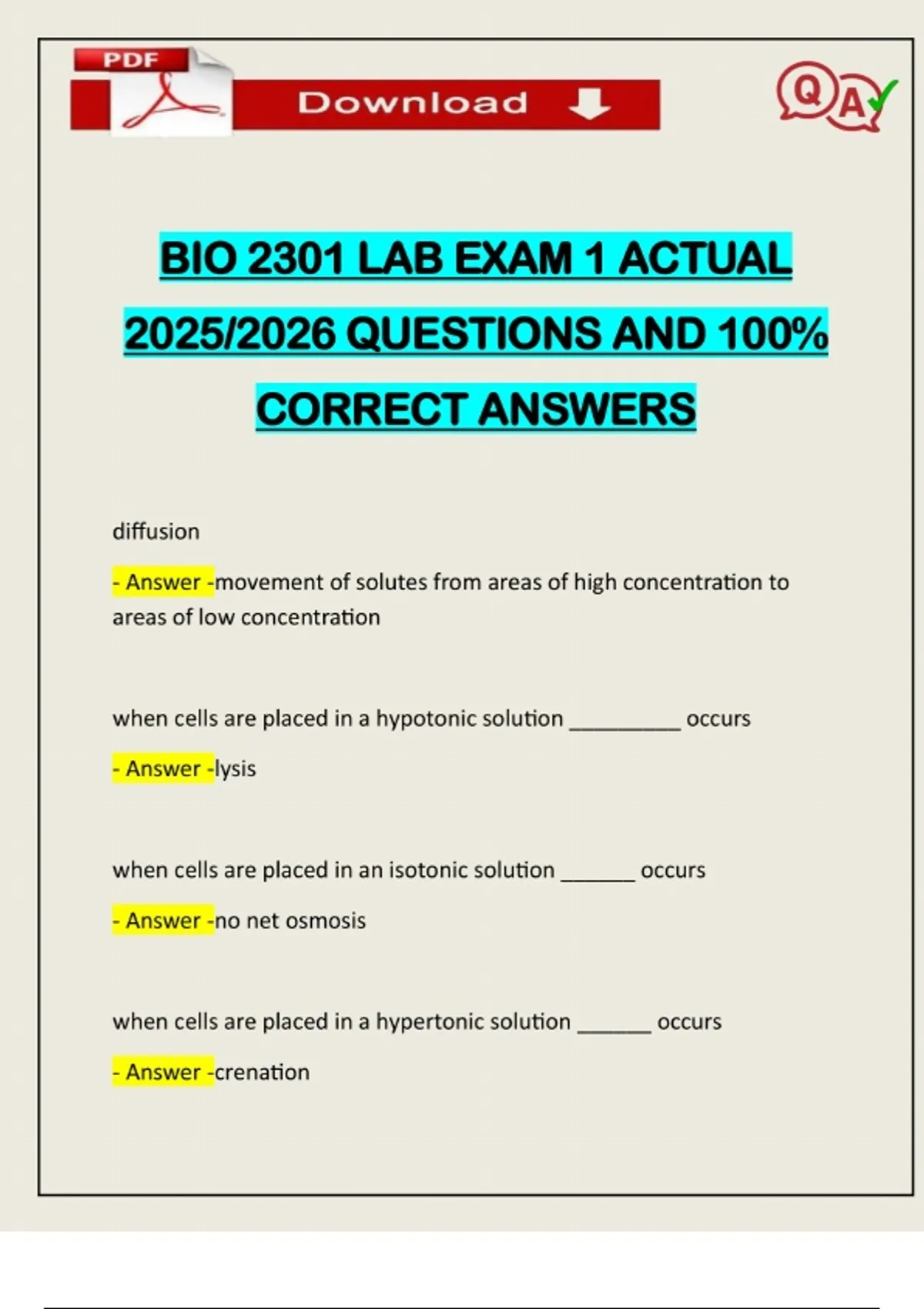 BIO 2301 LAB EXAM 1 ACTUAL 2025/2026 QUESTIONS AND 100% CORRECT ANSWERS ...