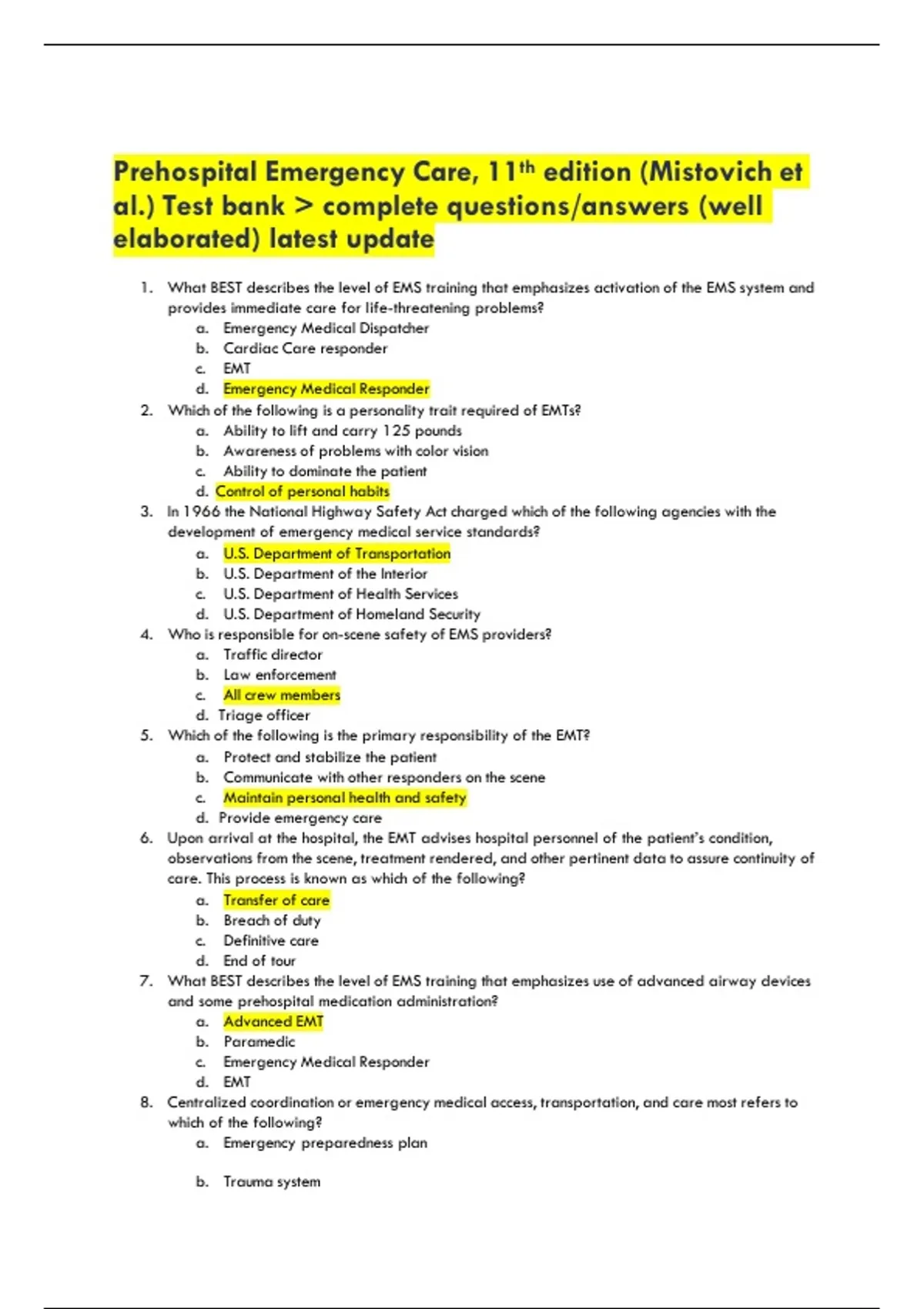 Test Bank – Prehospital Emergency Care (11th Edition, by Joseph J ...