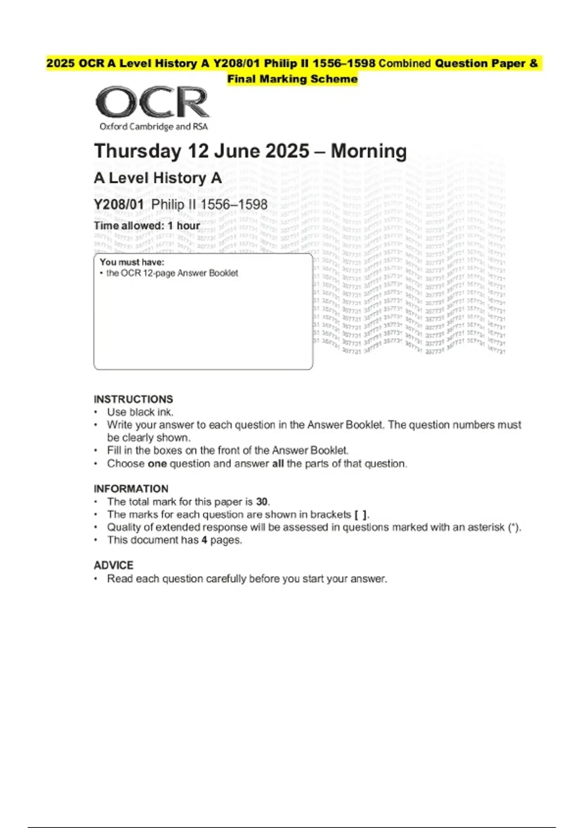 2025 OCR A Level History A Y208/01 Philip II 1556–1598 Combined ...