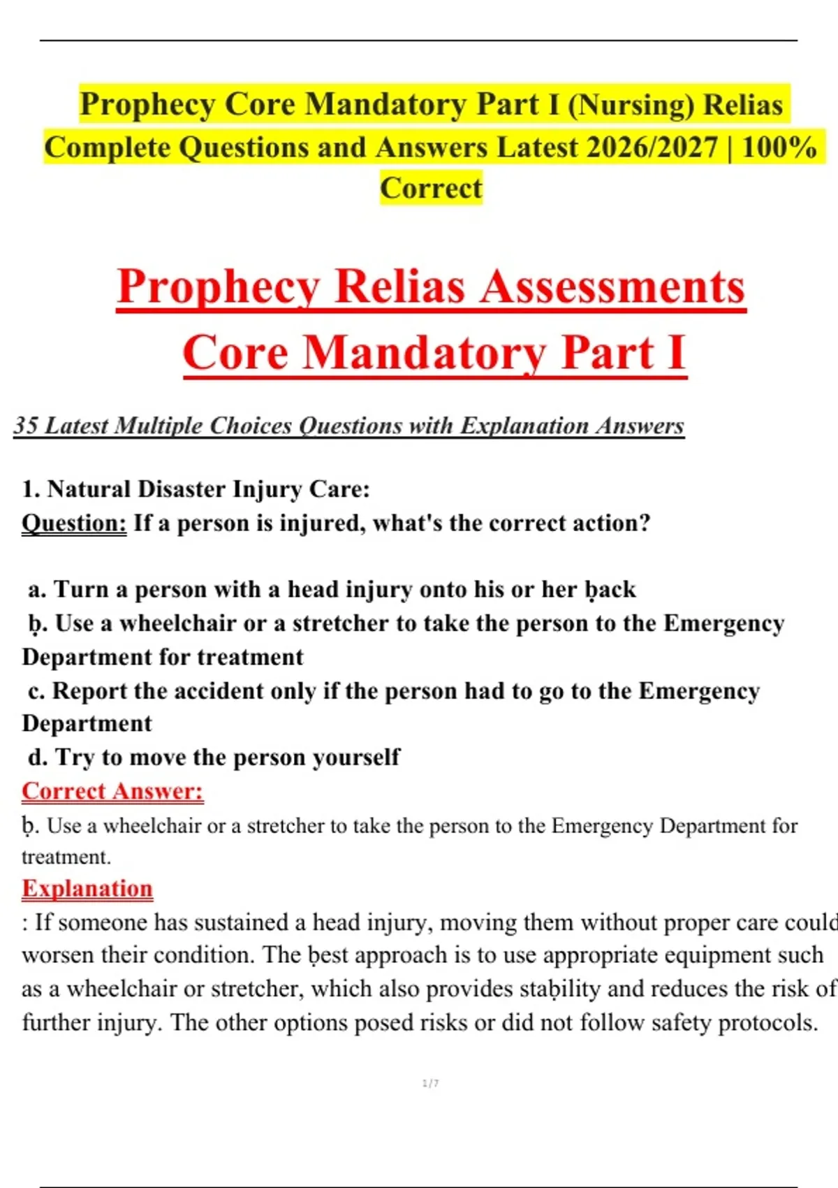 Prophecy Core Mandatory Part I (Nursing) Relias Complete Questions and ...