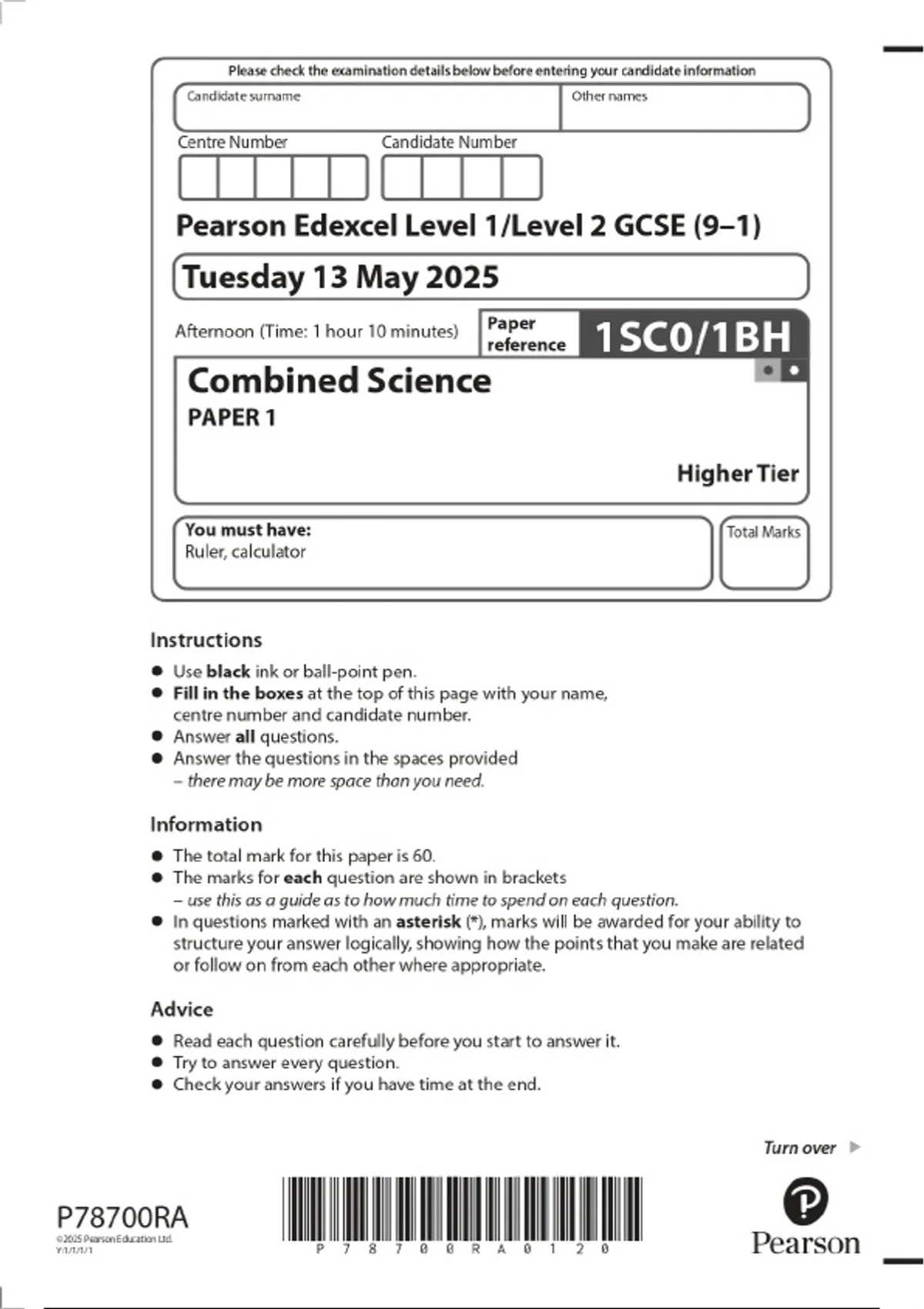 2025 Pearson Edexcel Level 1/Level 2 GCSE (9–1) Combined Science PAPER ...