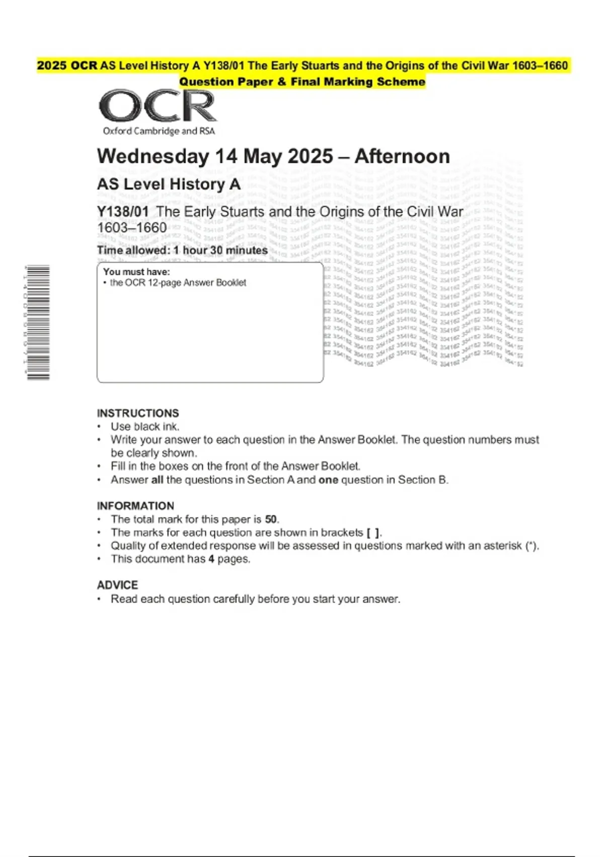 2025 OCR AS Level History A Y138/01 The Early Stuarts and the Origins ...