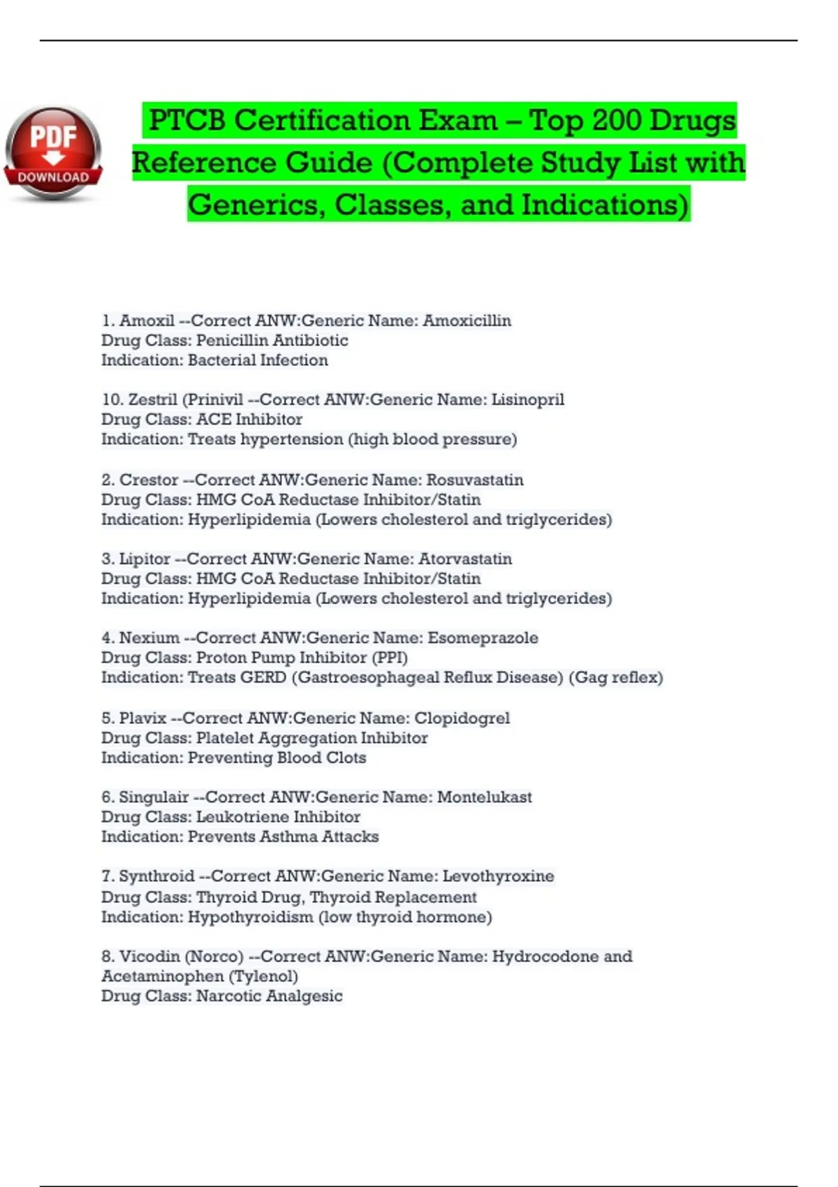 PTCB Certification Exam – Top 200 Drugs Reference Guide (Complete Study List with Generics ...