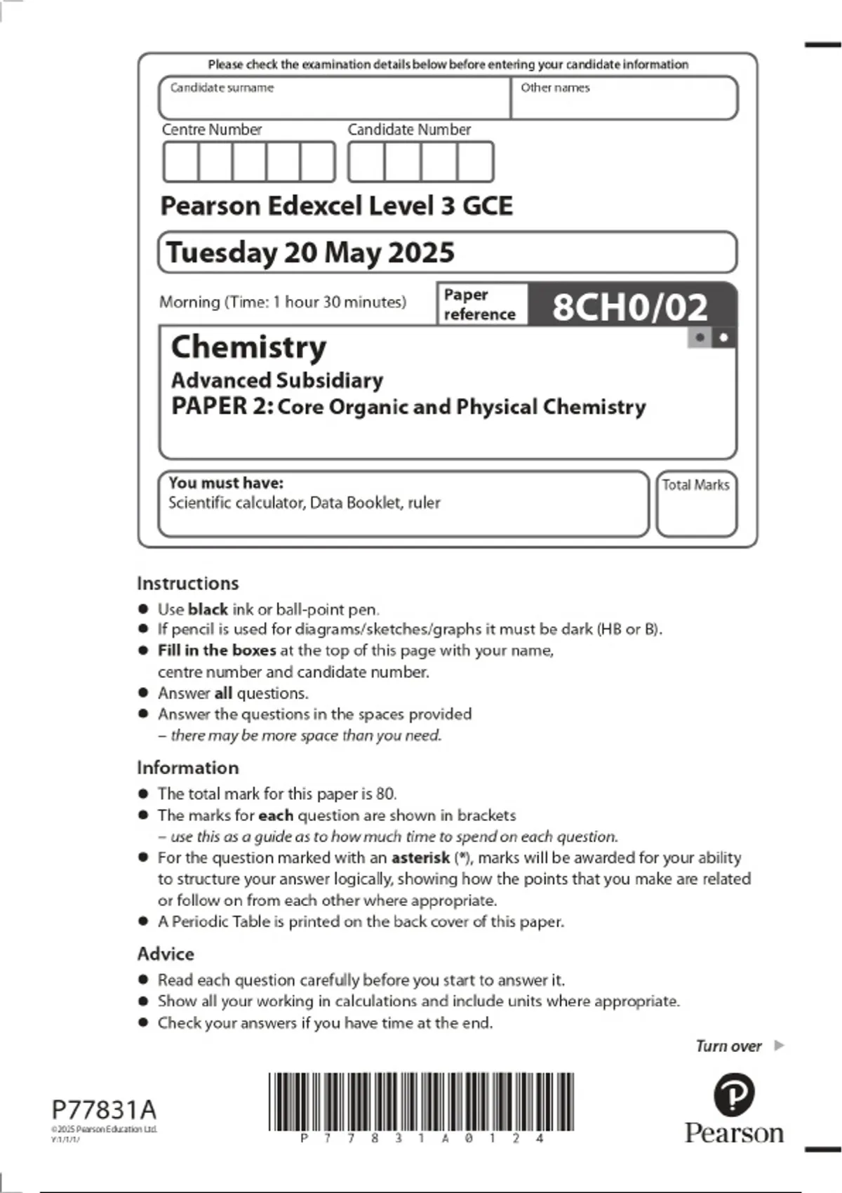 2025 Pearson Edexcel Level 3 GCE Chemistry Advanced Subsidiary PAPER 2 ...