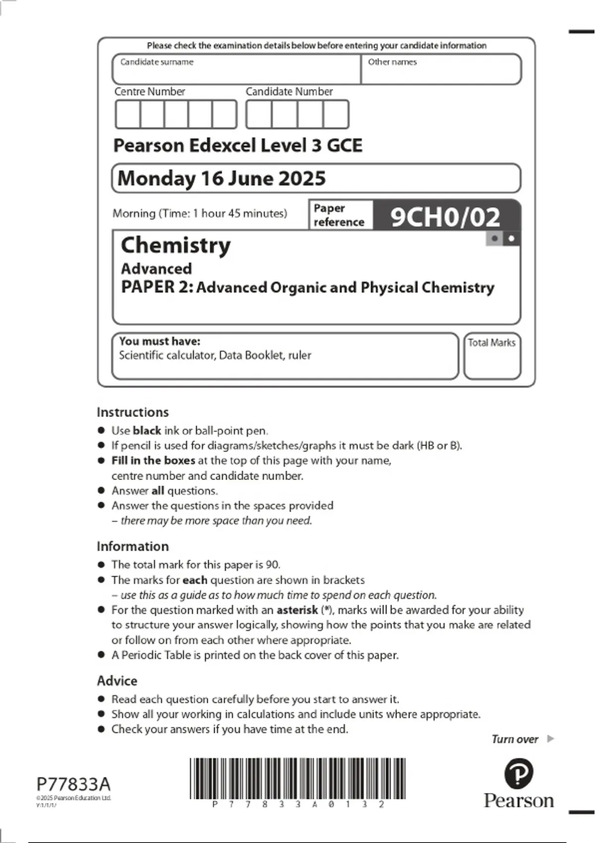 2025 Pearson Edexcel Level 3 GCE Chemistry Advanced PAPER 2: Advanced ...