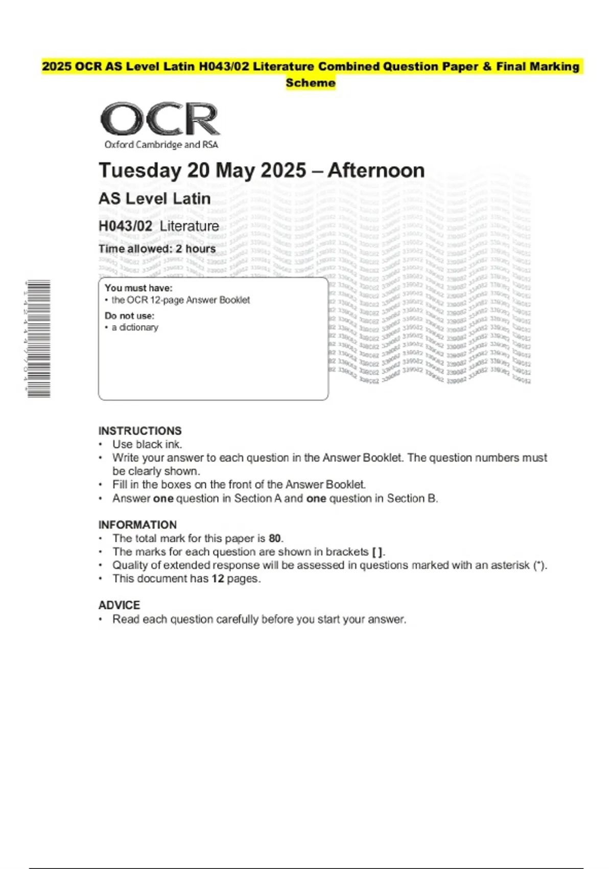 2025 OCR AS Level Latin H043/02 Literature Combined Question Paper & Final Marking Scheme - 2025 ...
