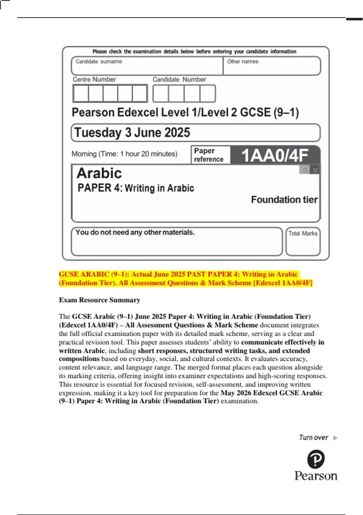 GCSE ARABIC (9–1): Actual June 2025 PAST PAPER 4: Writing in Arabic ...
