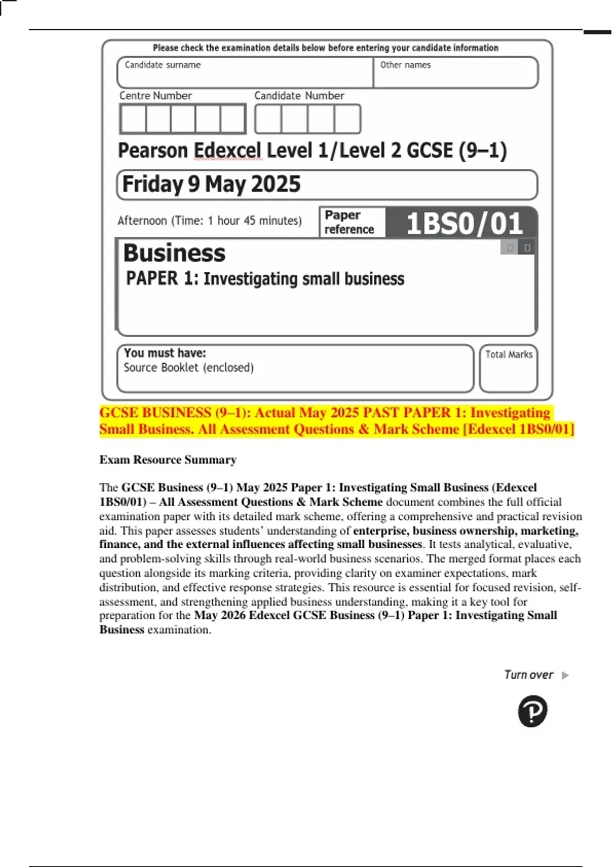 GCSE BUSINESS (9–1): Actual May 2025 PAST PAPER 1: Investigating Small ...