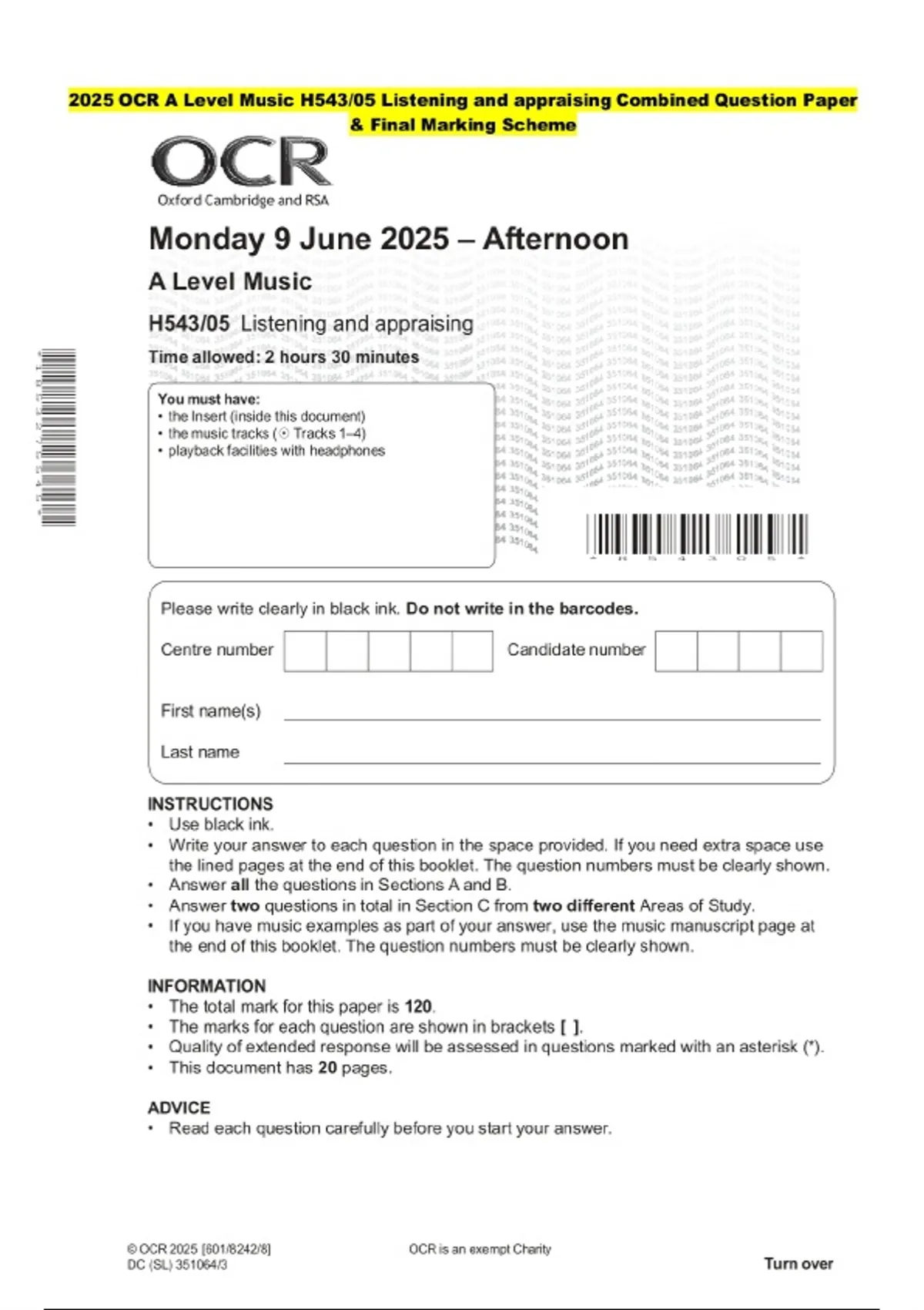 2025 OCR A Level Music H543/05 Listening and appraising Combined ...