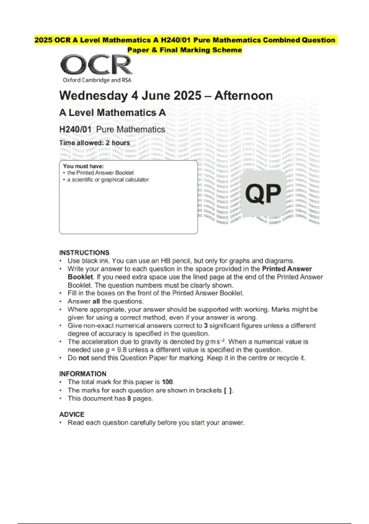 2025 OCR A Level Mathematics A H240/01 Pure Mathematics Combined ...